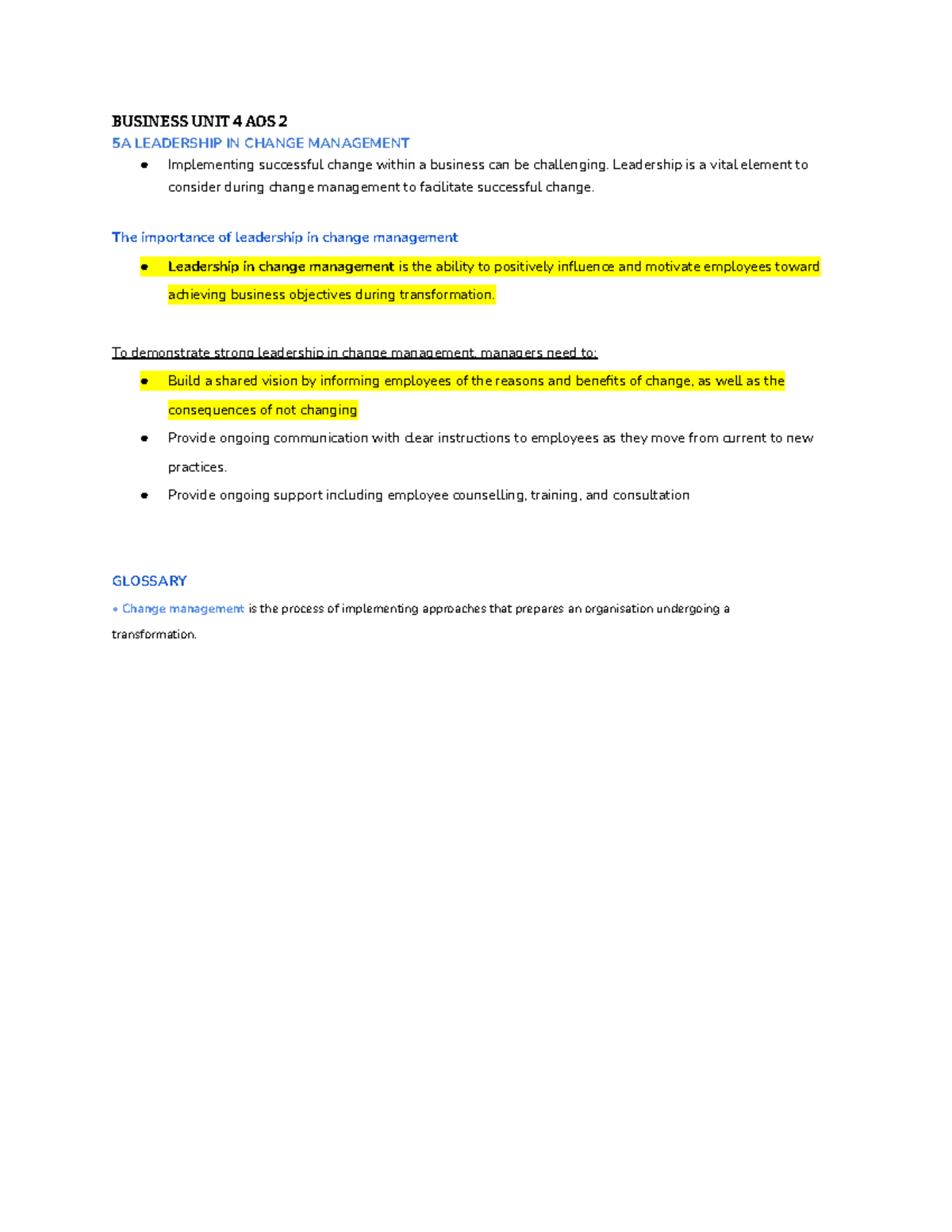 Business UNIT 4 AOS 2 - BUSINESS UNIT 4 AOS 2 5A LEADERSHIP IN CHANGE ...