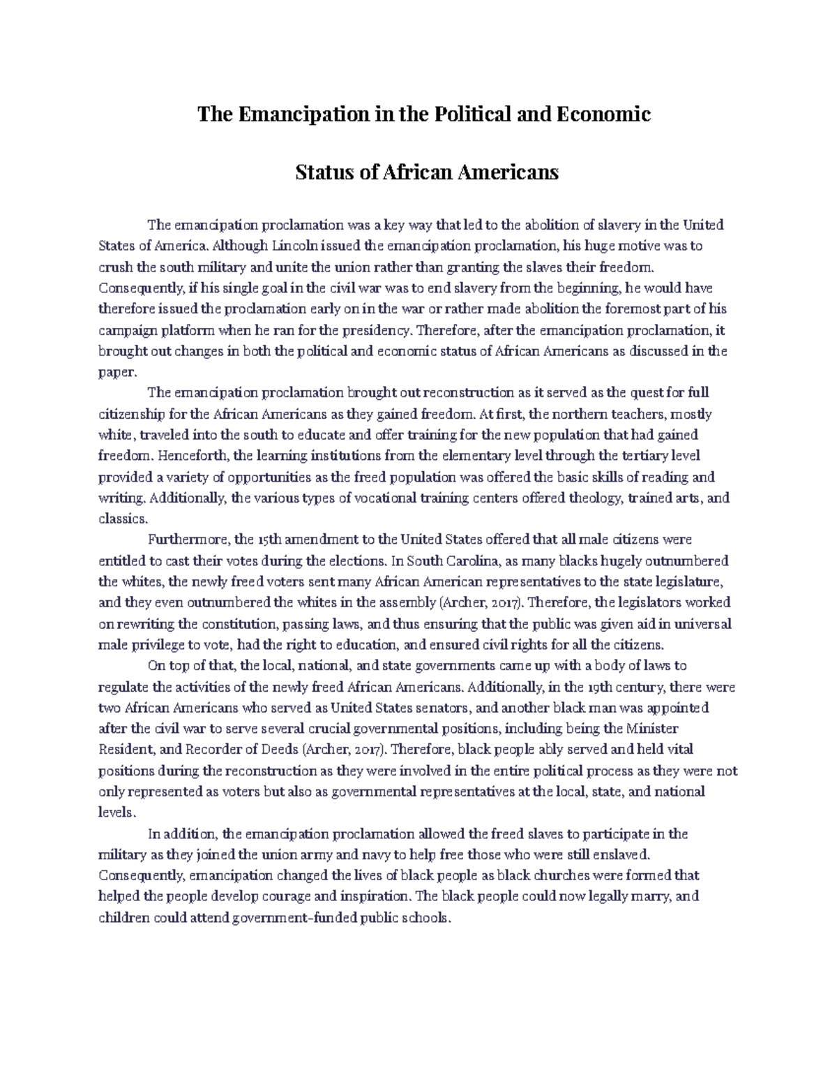 The Emancipation in the Political and Economic - Although Lincoln ...