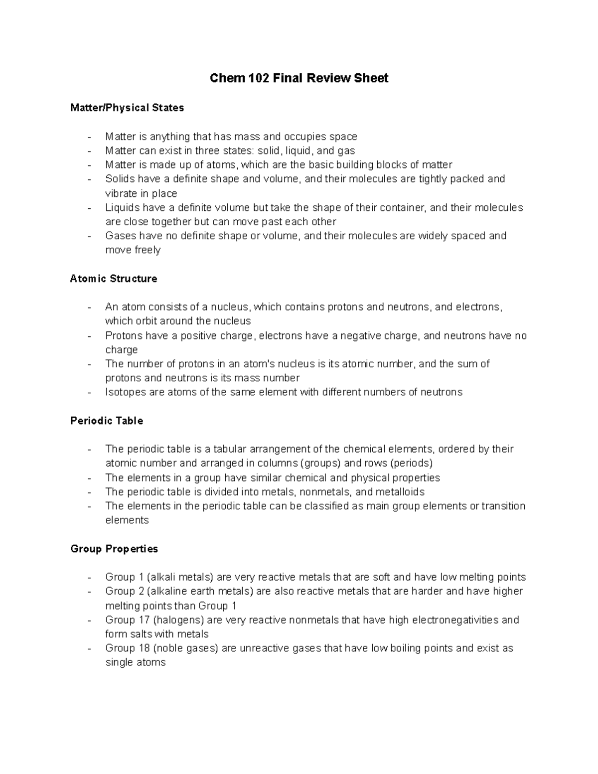 Chem 102 Final Review Sheet - Chem 102 Final Review Sheet Matter ...