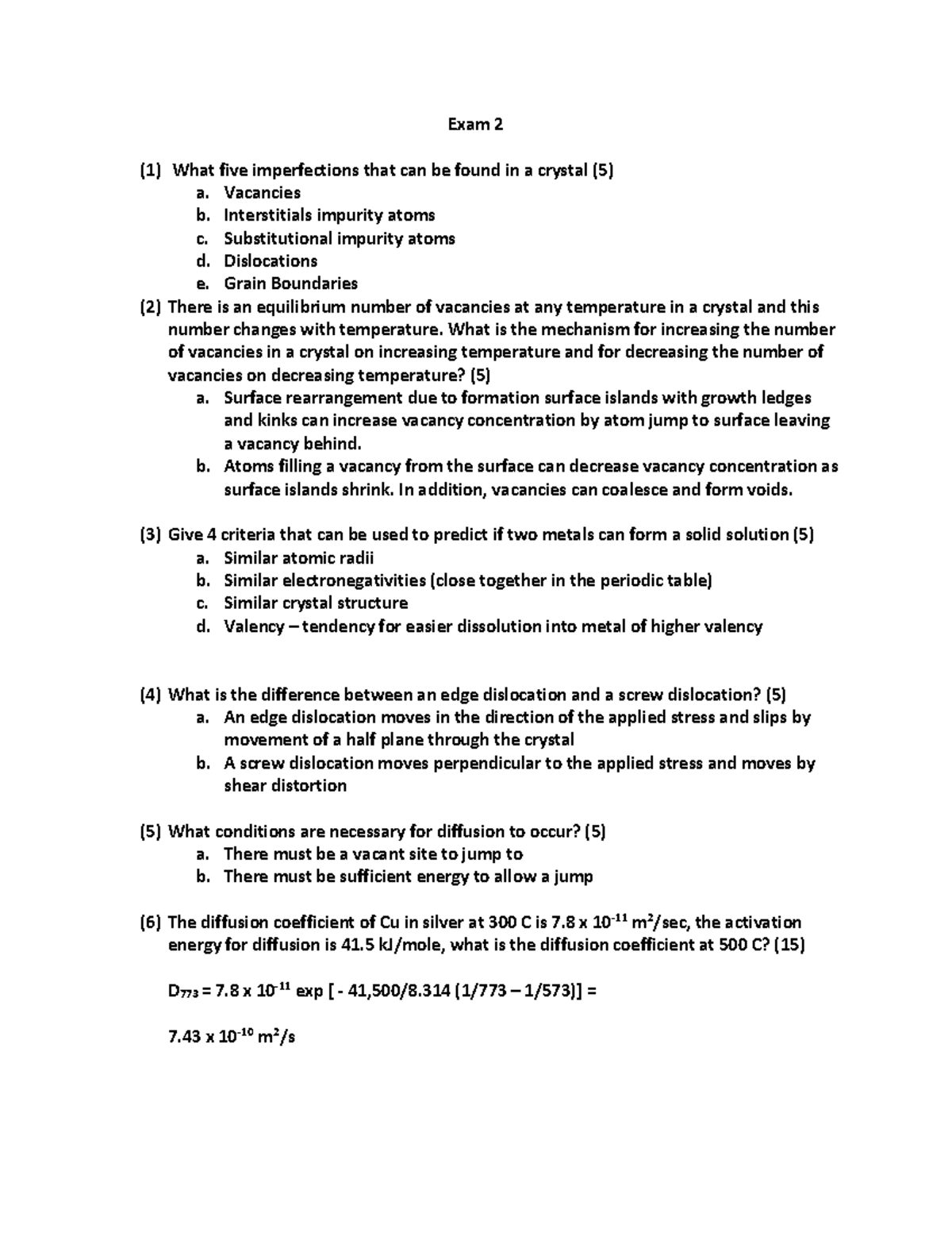 Exam 2 solutions - exam 2 solution - Exam 2 (1) What five imperfections ...