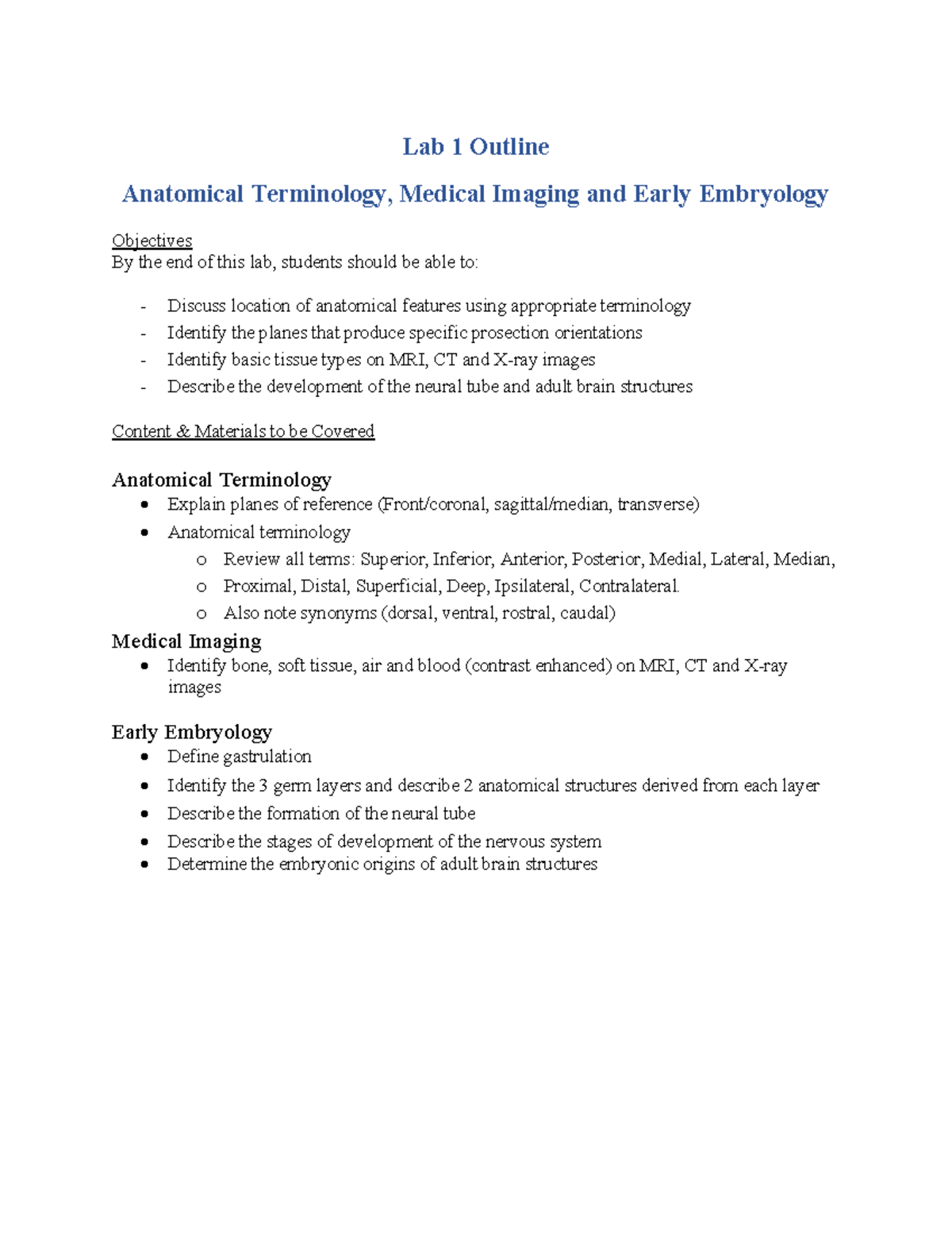 Lab 1 Outline - Lab 1 Outline Anatomical Terminology, Medical Imaging ...