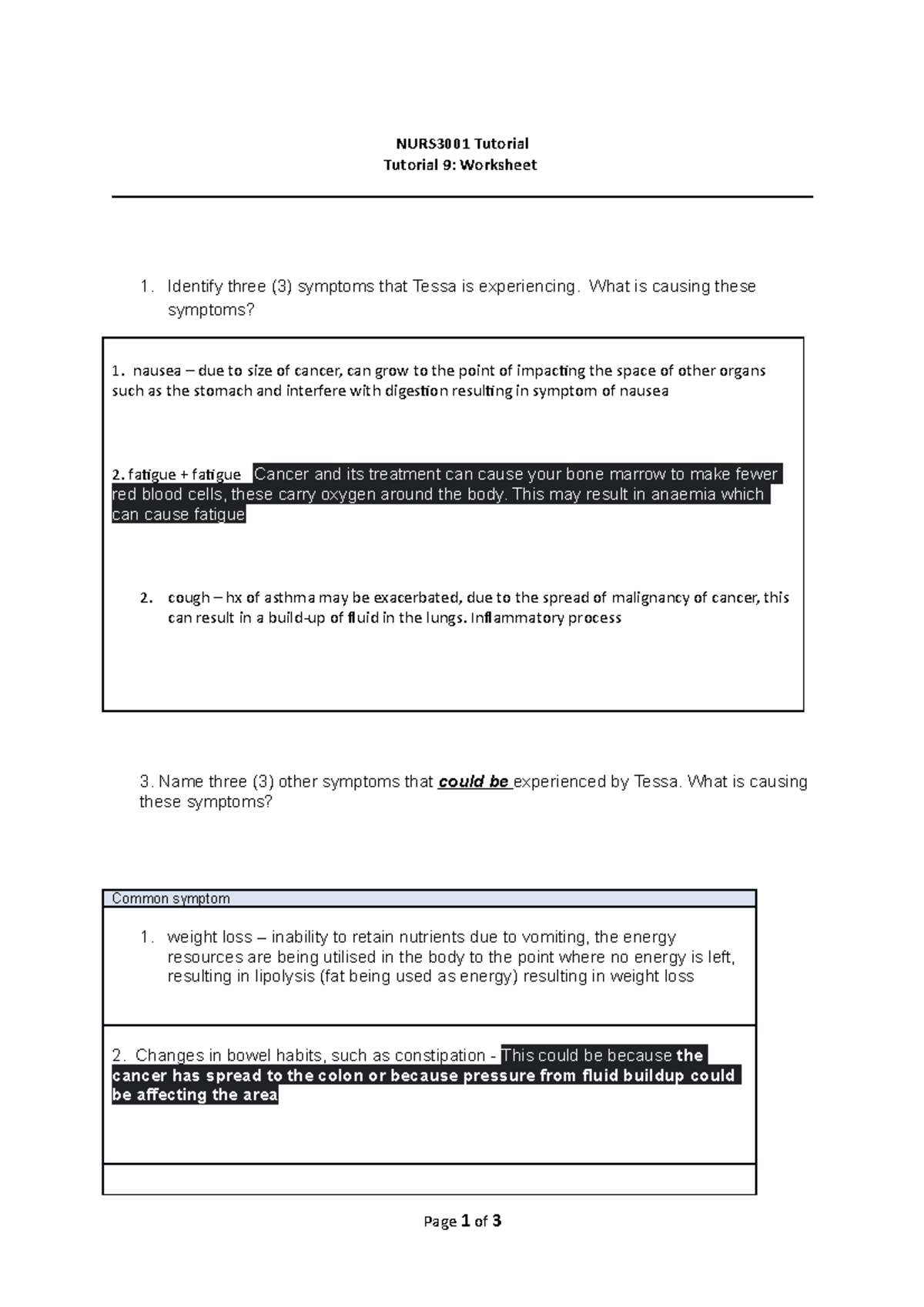 22 Wk 9 Tutorial Worksheet - NURS3001 Tutorial Tutorial 9: Worksheet ...