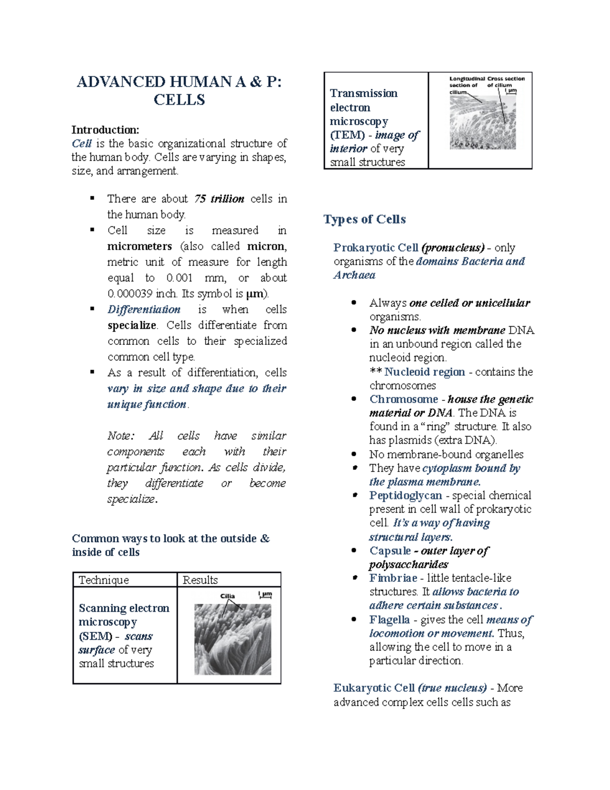 Biochem Lec Trans 1 - ADVANCED HUMAN A & P: CELLS Introduction: Cell is ...