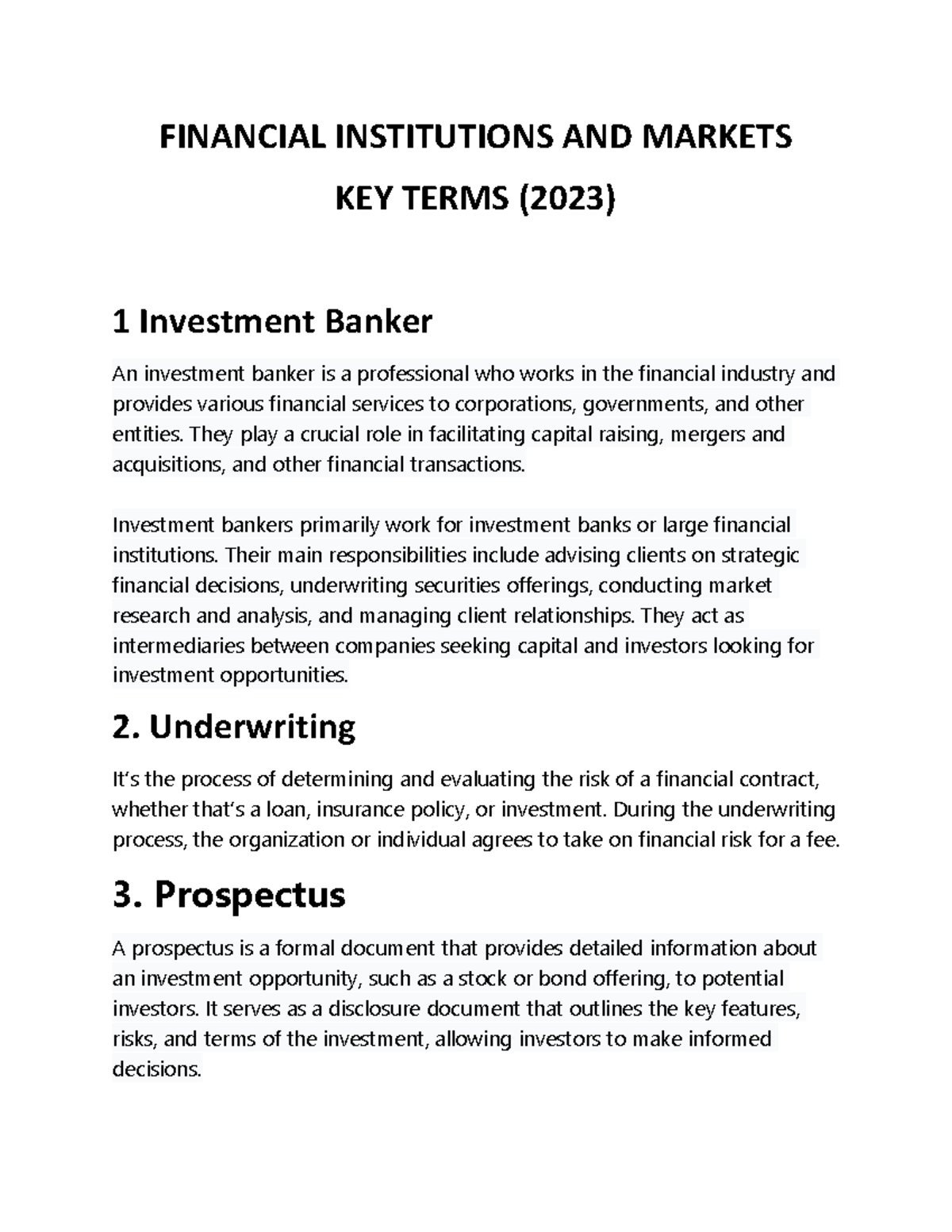 KEY Terms 309 - FINANCIAL INSTITUTIONS AND MARKETS KEY TERMS (2023) 1 ...