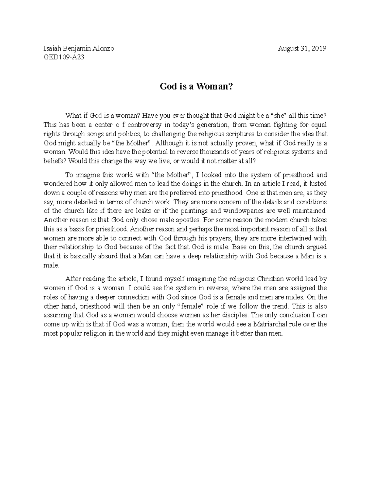 GED Assignment 2 - Isaiah Benjamin Alonzo August 31, 2019 GED109-A God ...