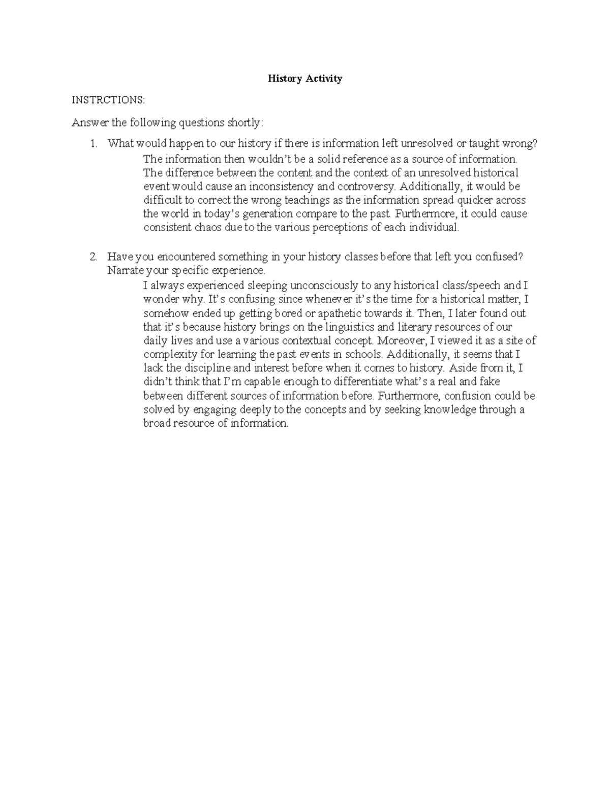 03Act1 History - History Activity INSTRCTIONS: Answer the following ...