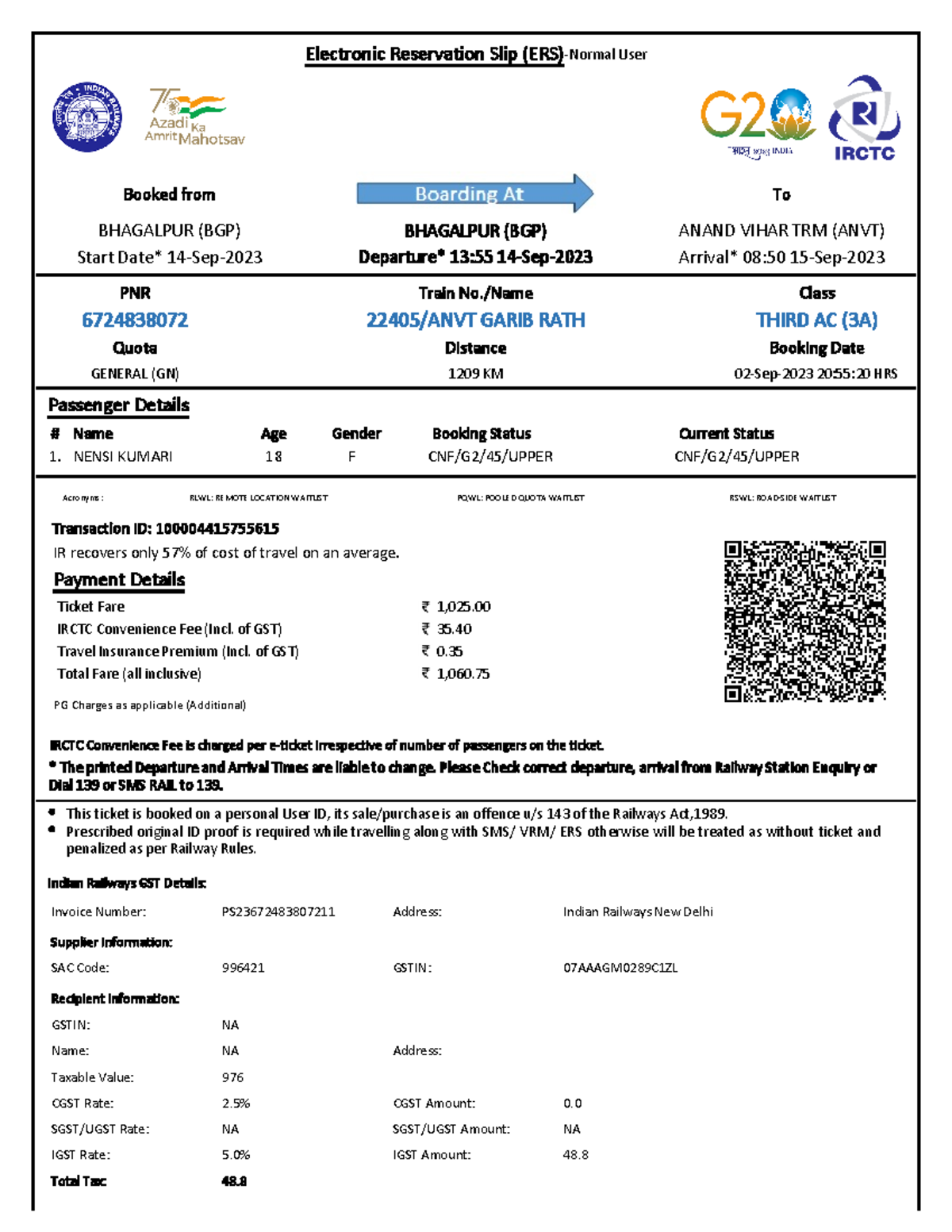 File - Electronic Reservation Slip (ERS)-Normal User Booked from To ...