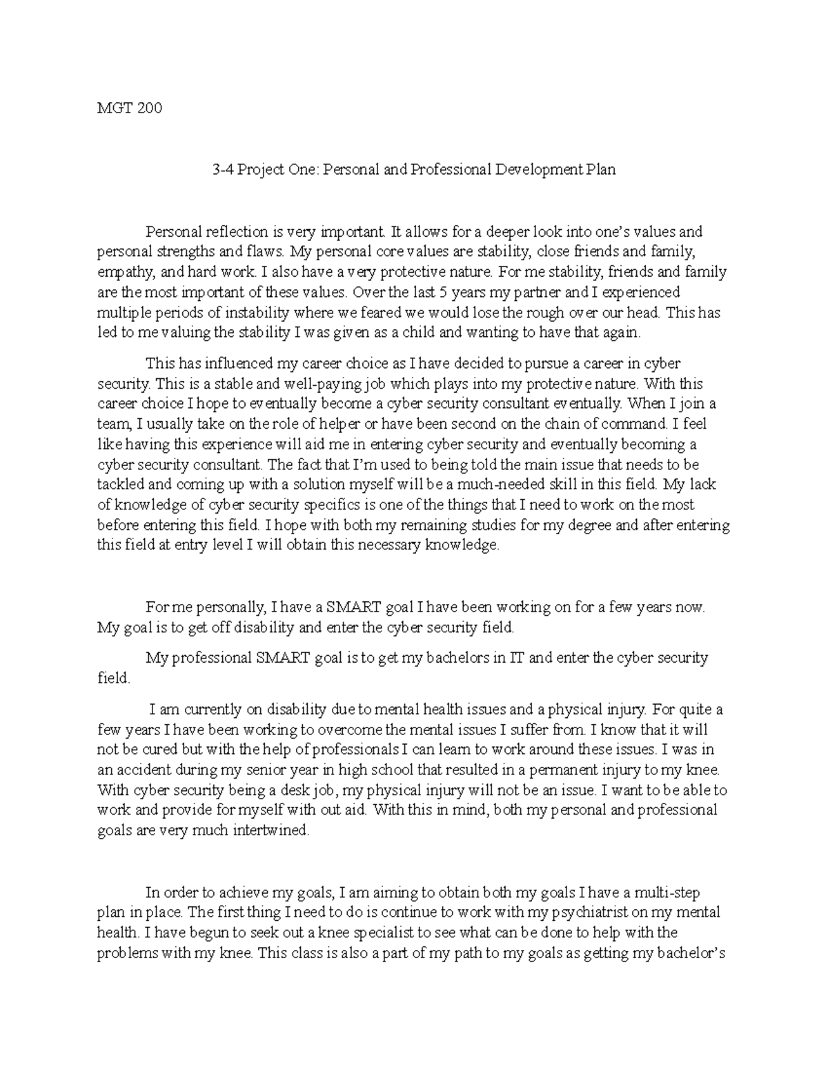3-4 Project One - MGT 200 3-4 Project One: Personal and Professional ...