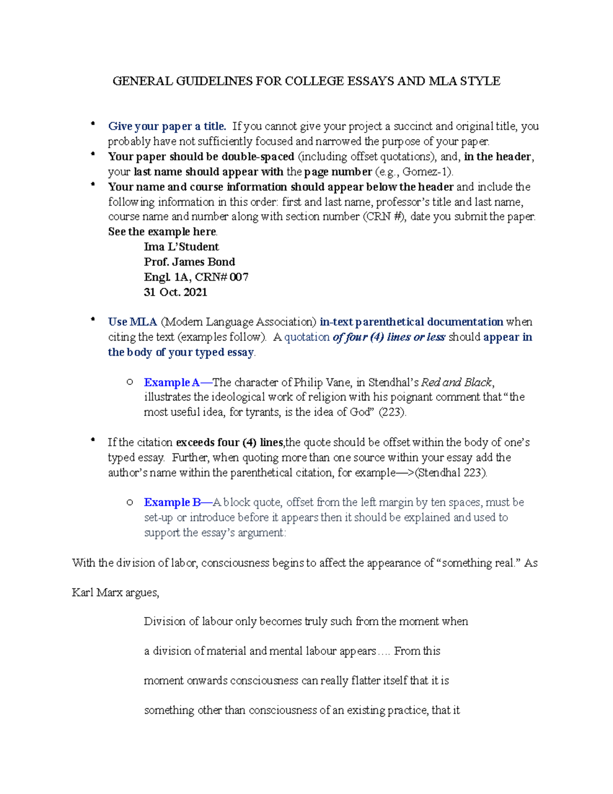 MLA Format Notes - GENERAL GUIDELINES FOR COLLEGE ESSAYS AND MLA STYLE ...