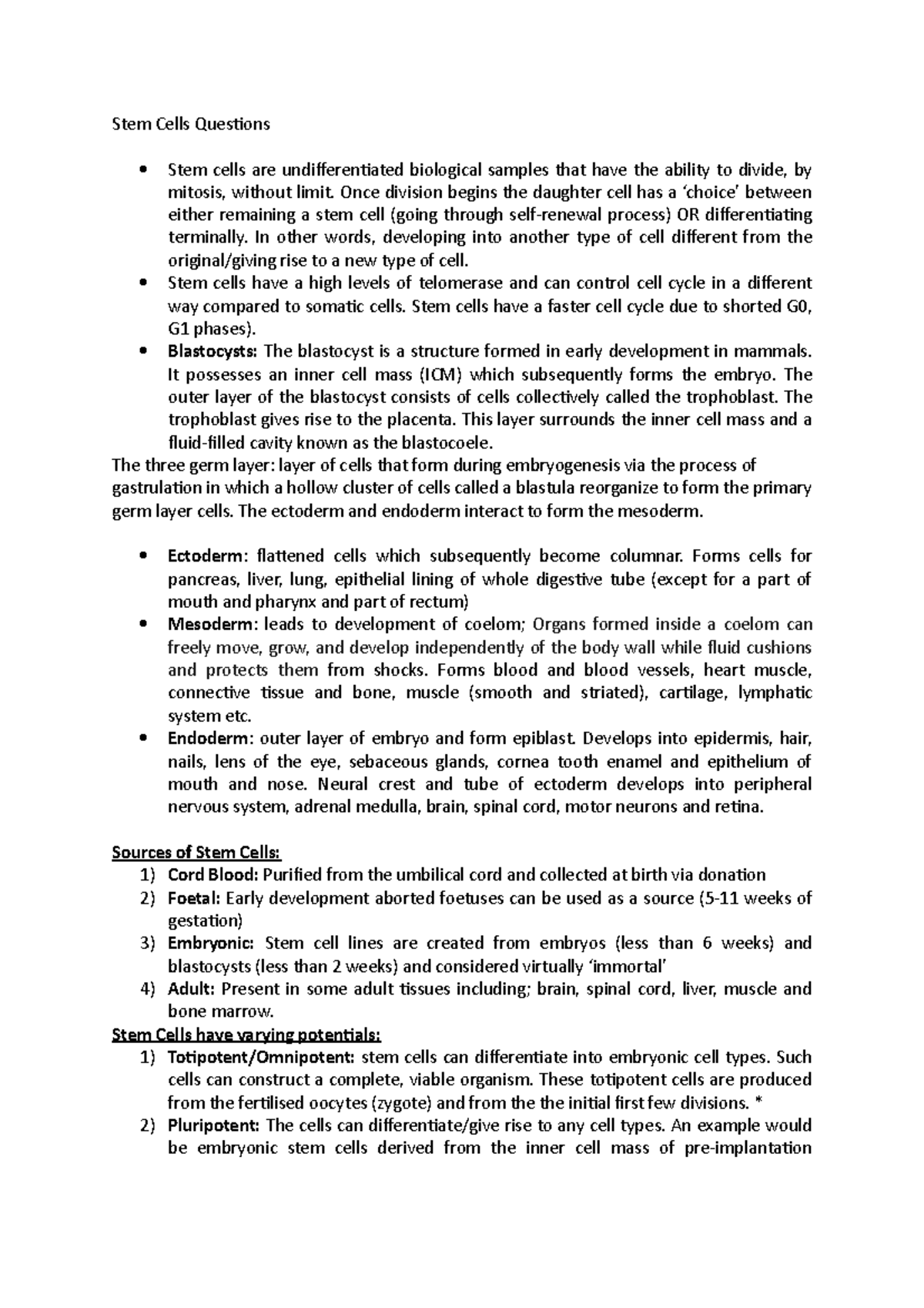 Stem Cellsrevision - Stem Cells Summary - Stem Cells Questions Stem ...