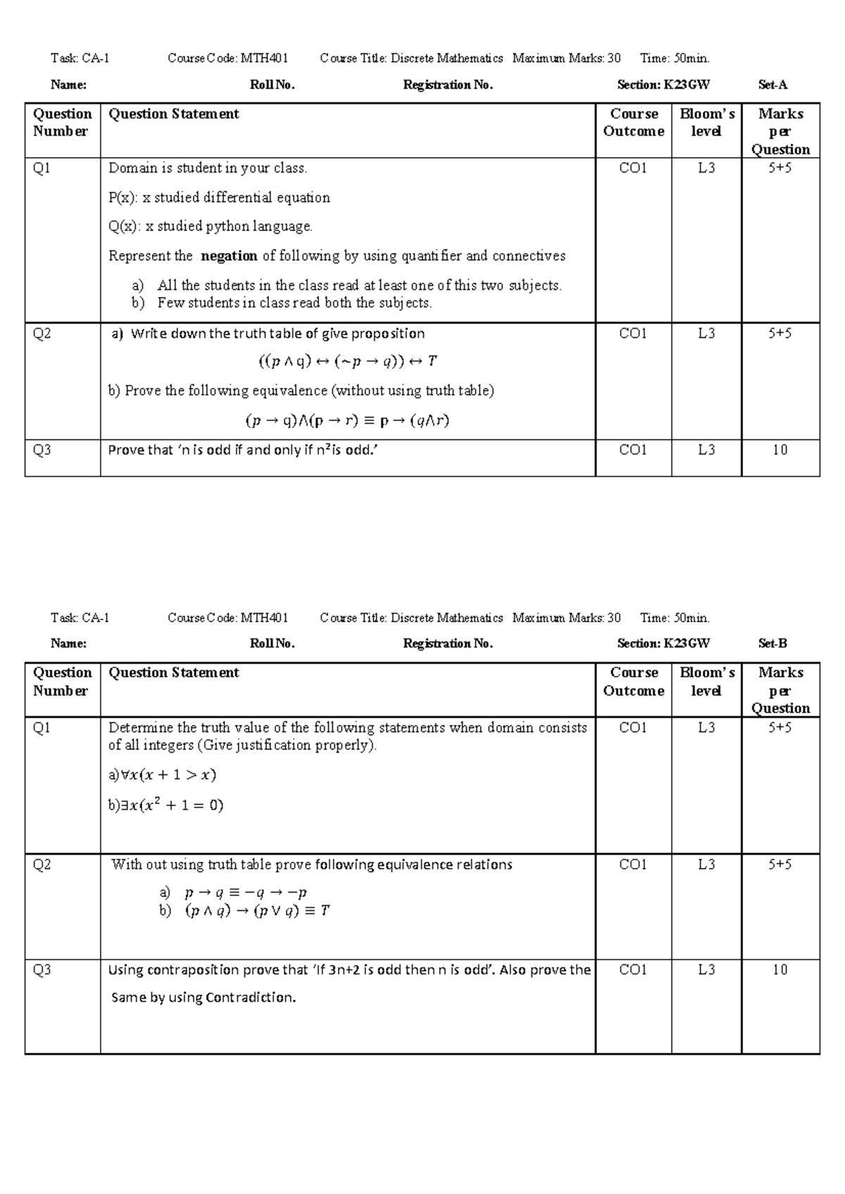 K23GW - khvvkh - Task: CA- 1 Course Code: MTH 401 Course Title: Discrete Mathematics Maximum ...