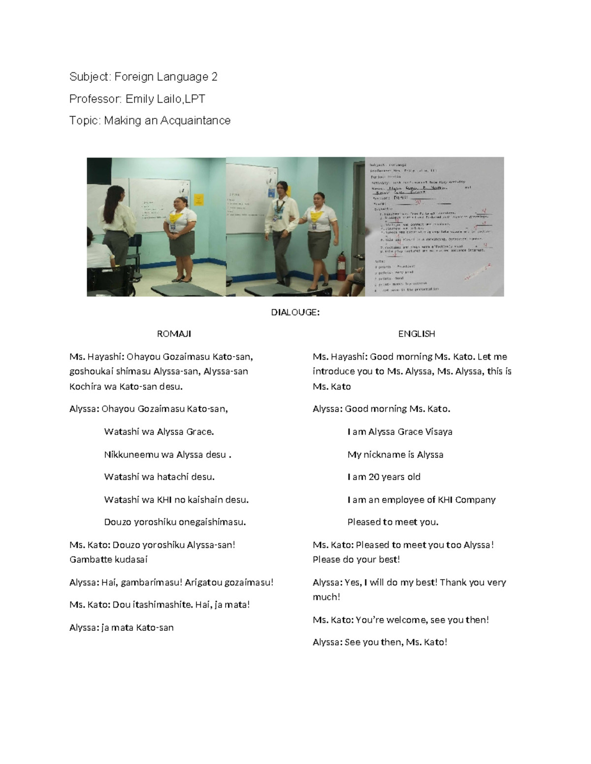 Forlang- Reflection-2 - Subject: Foreign Language 2 Professor: Emily Lailo,LPT Topic: Making an ...