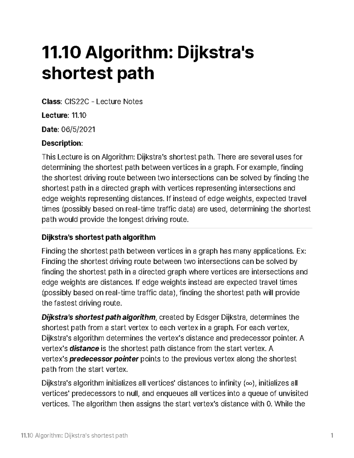 11.10 Algorithm: Dijkstra's shortest path - 11 Algorithm: Dijkstra's ...