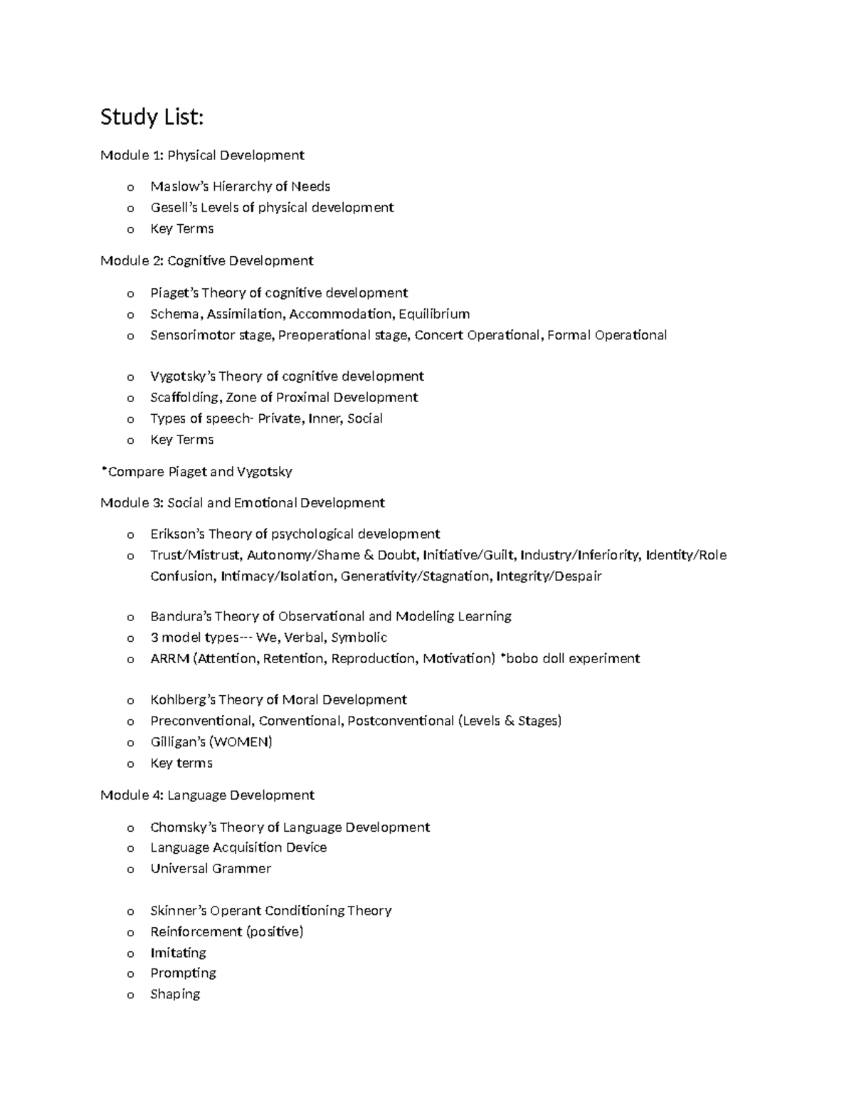 Study List In Order of Modules D094 - Study List: Module 1: Physical Development o Maslow’s ...