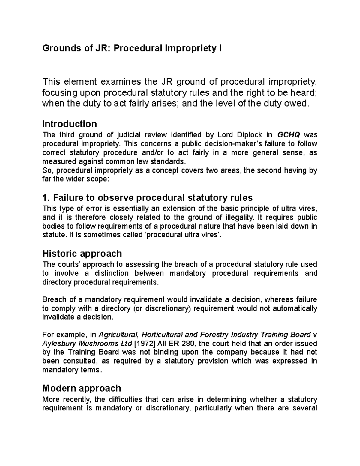 Procedural Impropriety I - Introduction The third ground of judicial ...