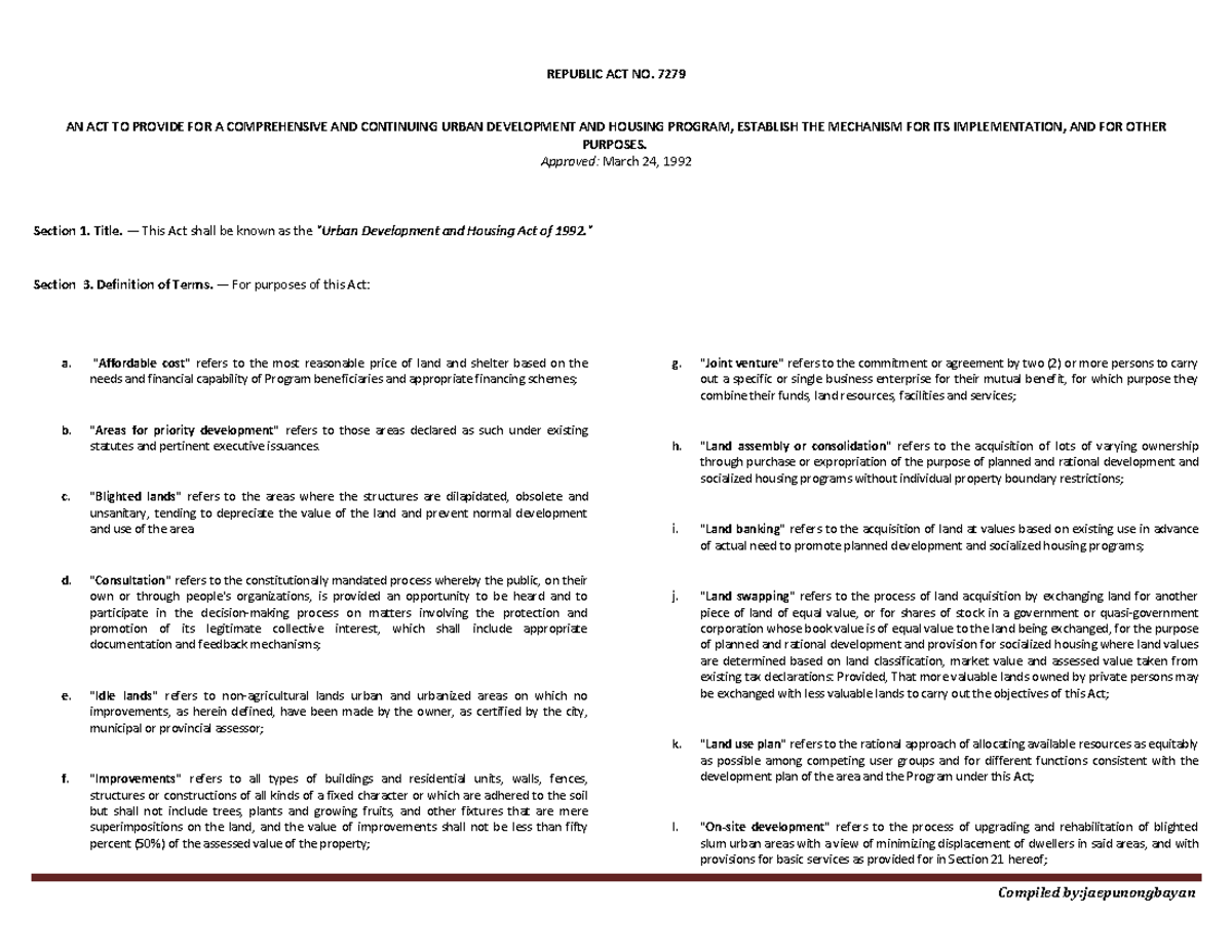 Republic ACT NO. 7279 DT - Compiled by:jaepunongbayan REPUBLIC ACT NO ...