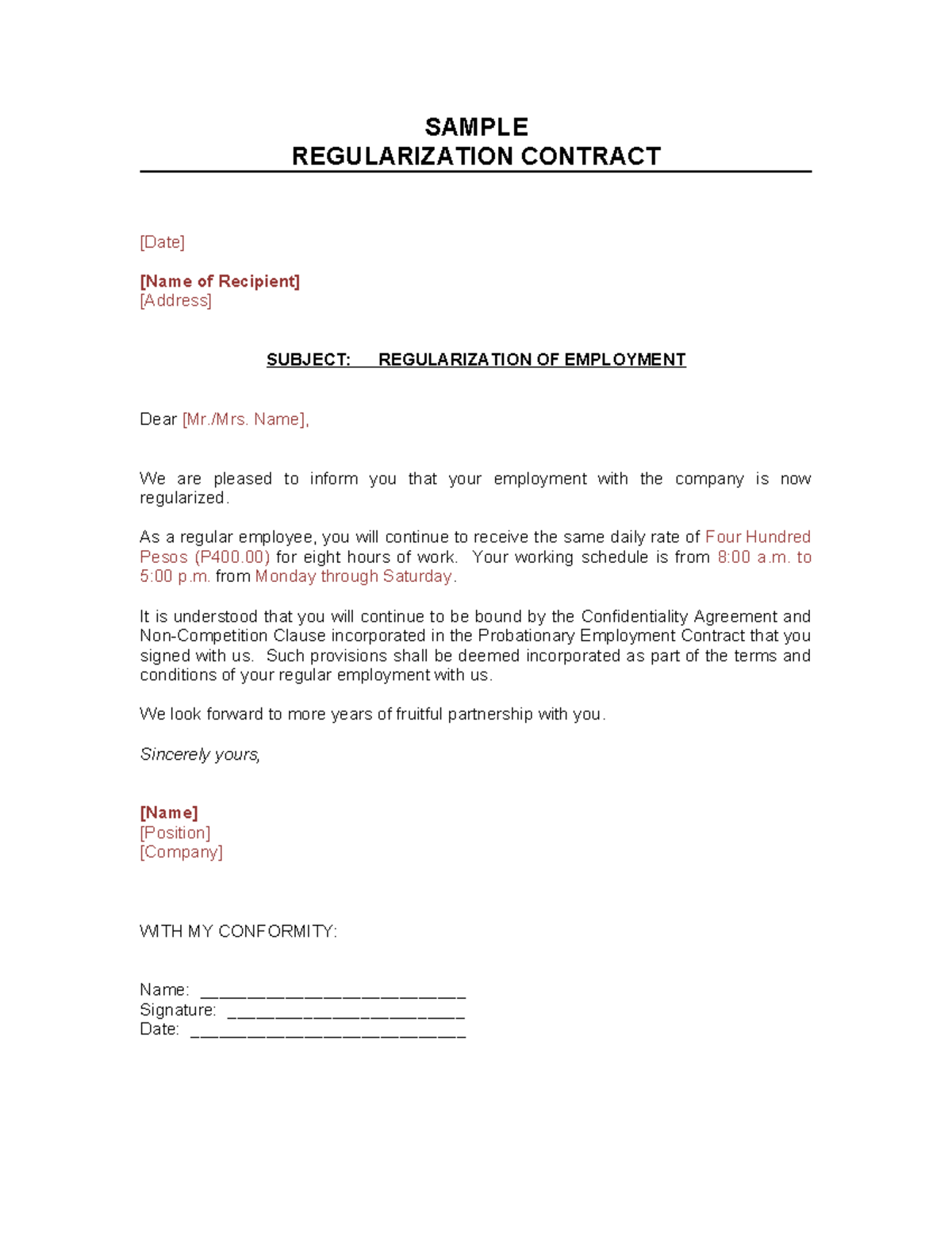 C0007 Regularization Contract without Salary Increase - SAMPLE ...