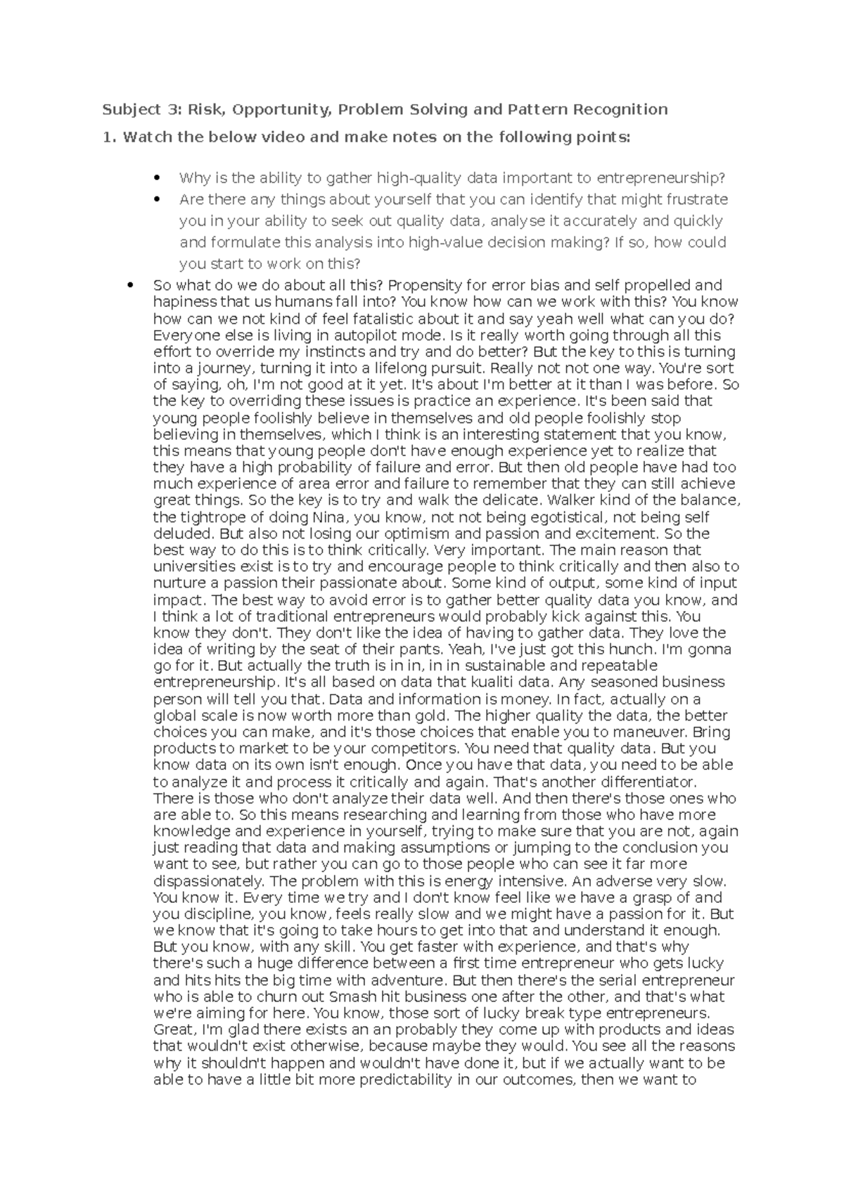 Week 3 - not for use - Subject 3: Risk, Opportunity, Problem Solving and Pattern Recognition ...