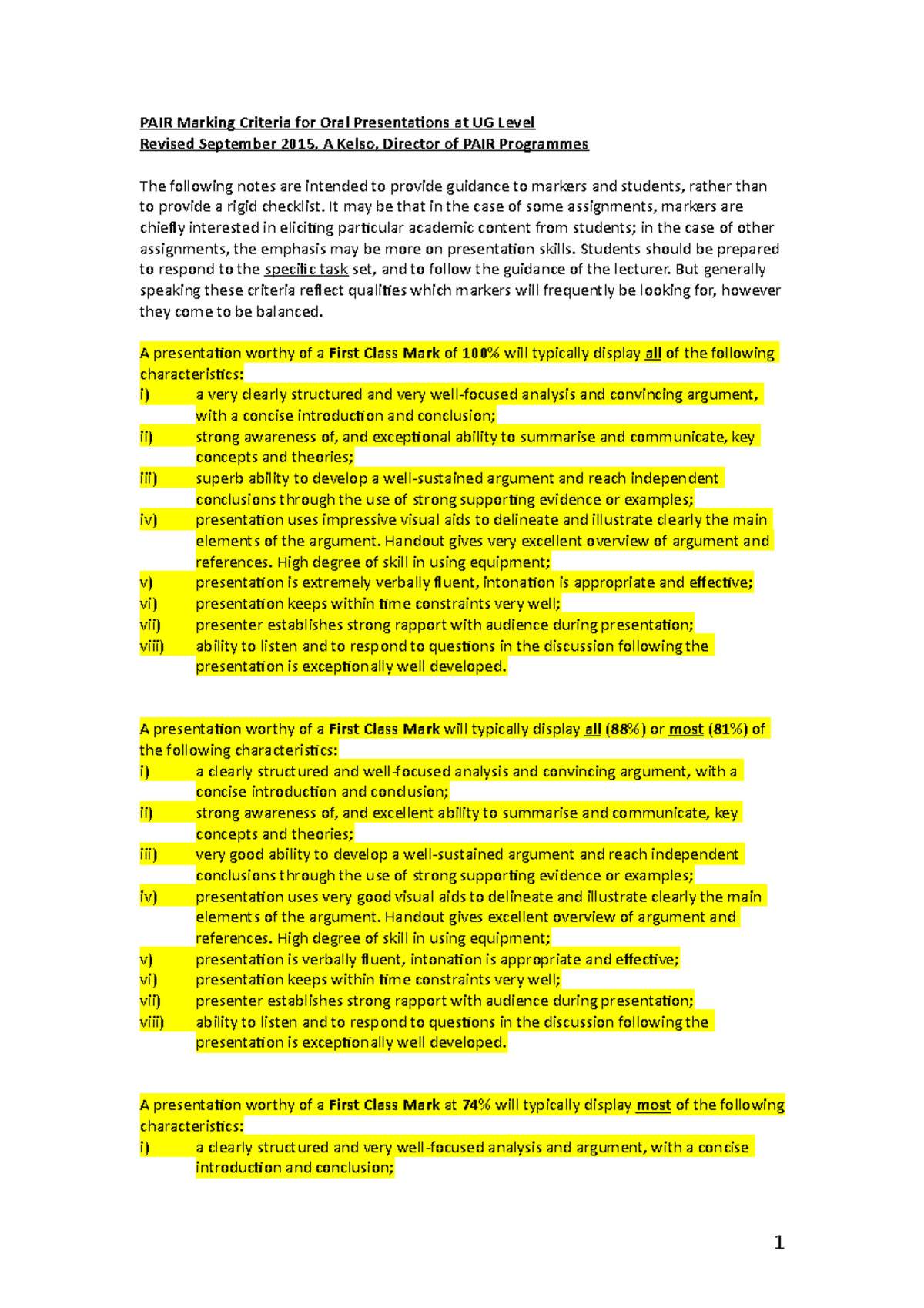 PAIR Marking Criteria Oral Presentation BSc, 2015 - PAIR Marking ...