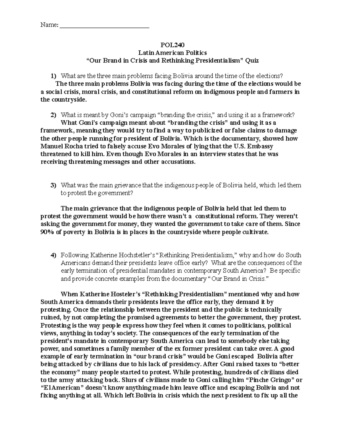 Quiz 3 Our Brand in Crisis - Name: _____________________________ POL ...