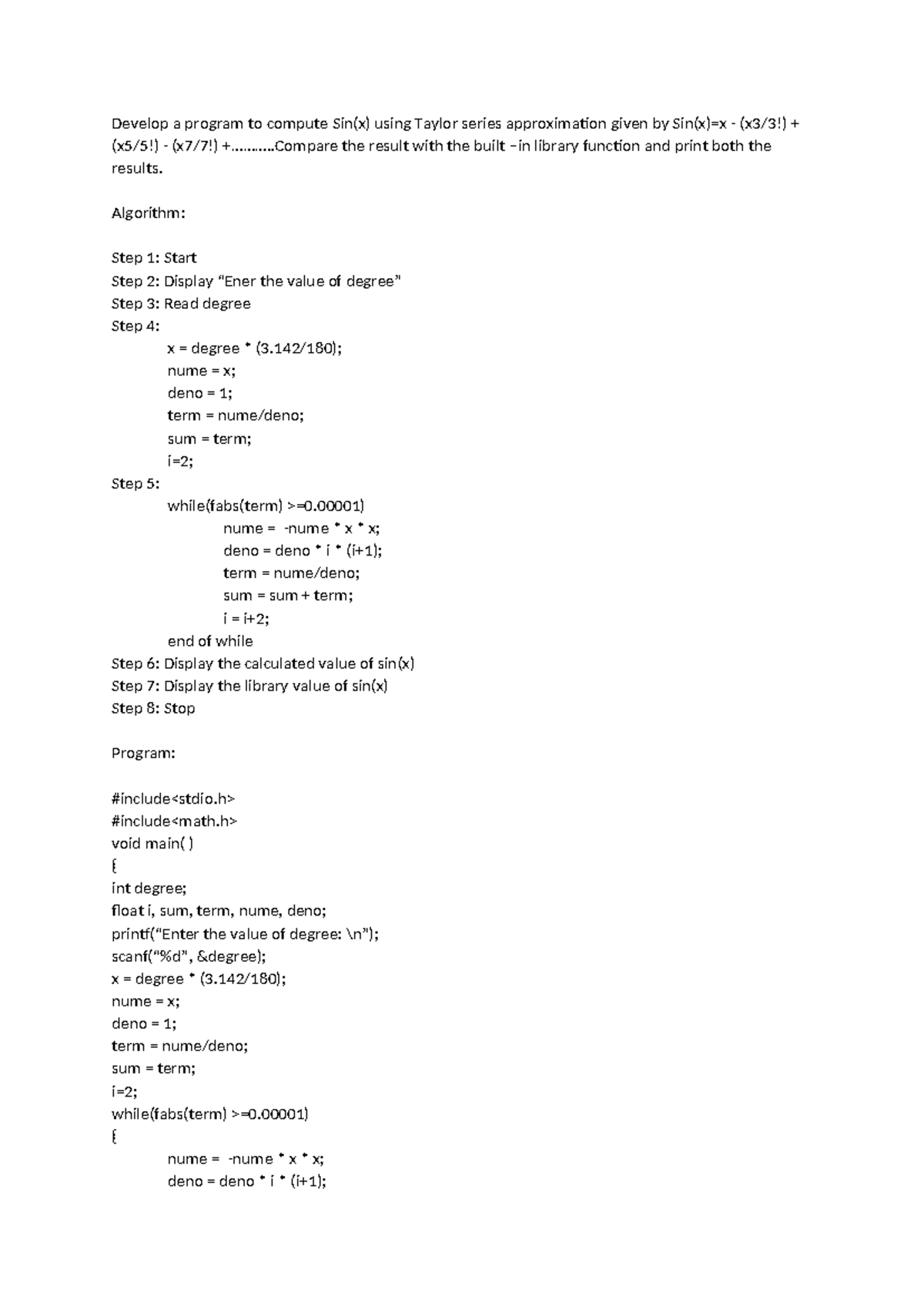 Taylor Series - Lab programs - Develop a program to compute Sin(x) using Taylor series ...