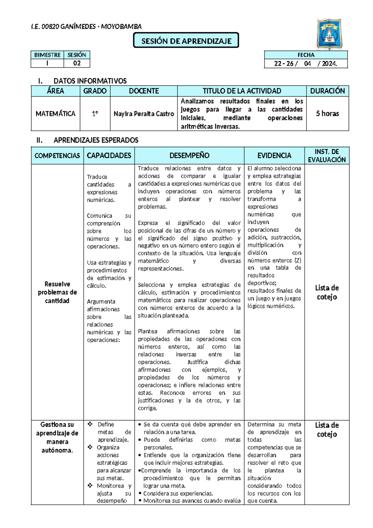 Sesión DE Aprendizaje 1° sec - SESIÓN DE APRENDIZAJE I. DATOS INFORMATIVOS ÁREA GRADO DOCENTE ...