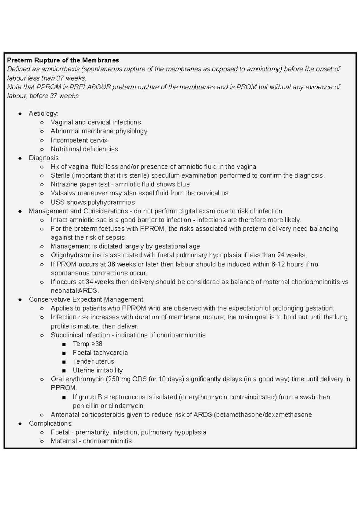 PROM - Lecture notes Year 4 Obstetrics - Preterm Rupture of the ...