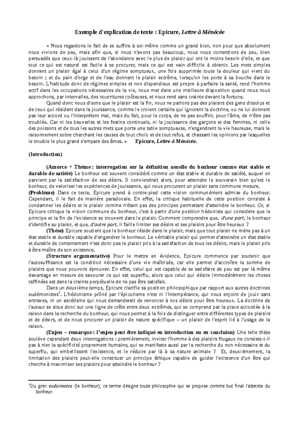 Philo etude de texte exemple - Exemple d'explication de texte : Epicure ...