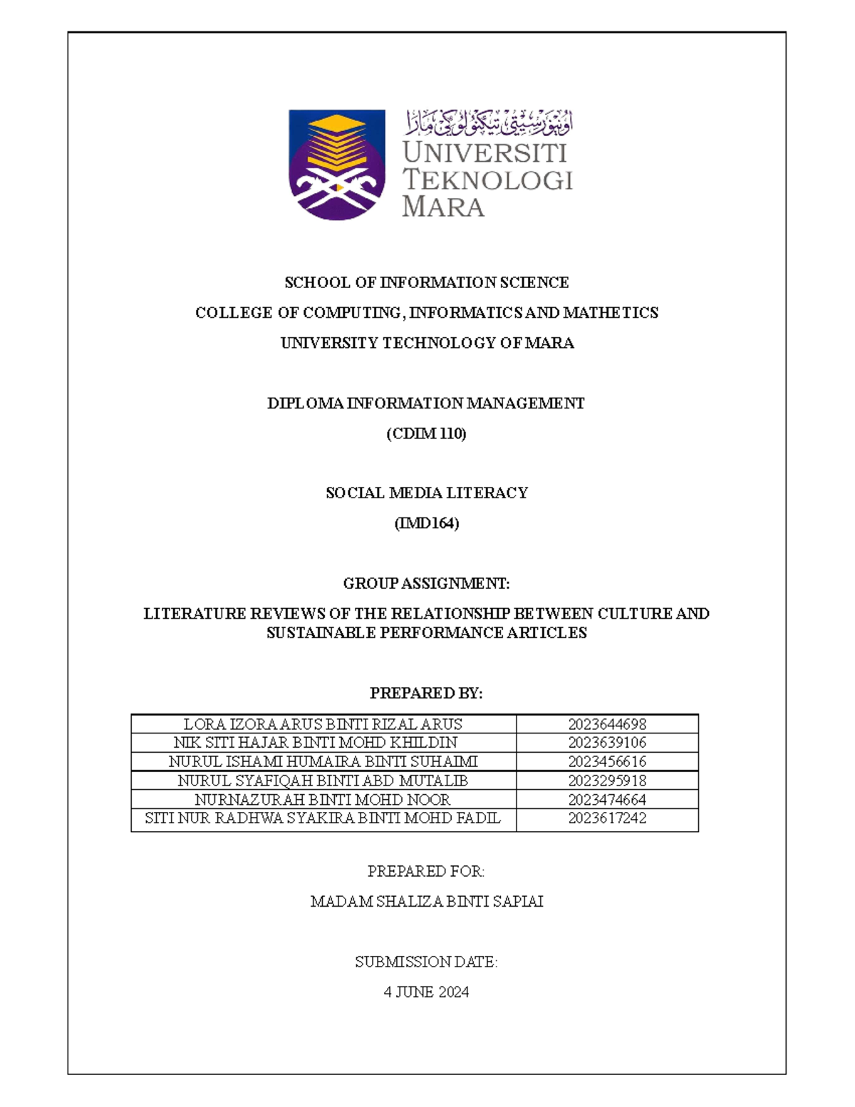 IMD164 Group Assignment - SCHOOL OF INFORMATION SCIENCE COLLEGE OF ...