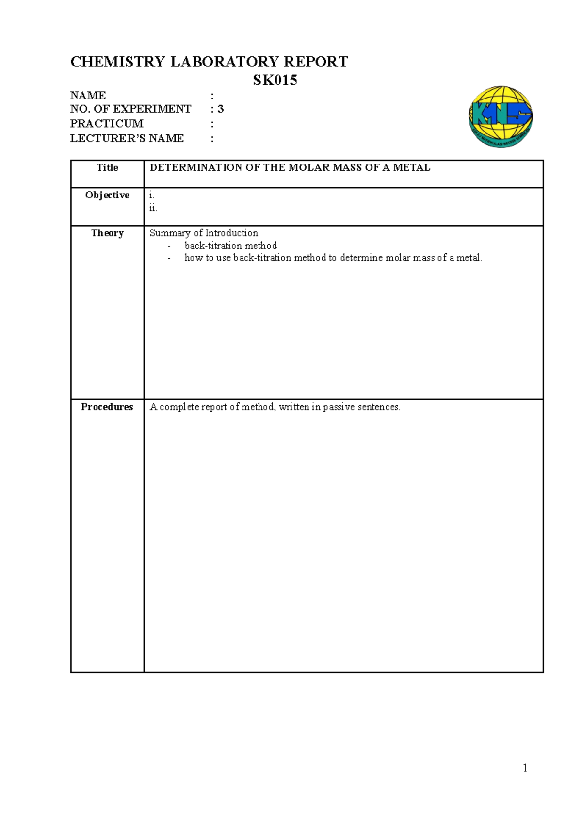 SEM 1 EXP 3 LAB Report Question Edited - CHEMISTRY LABORATORY REPORT SK ...