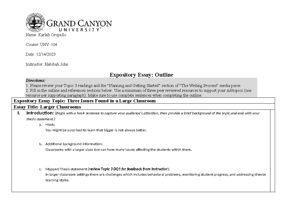 UNV 104 RS T3 Expository Essay Outline - Name: Karlah Oropallo Course ...