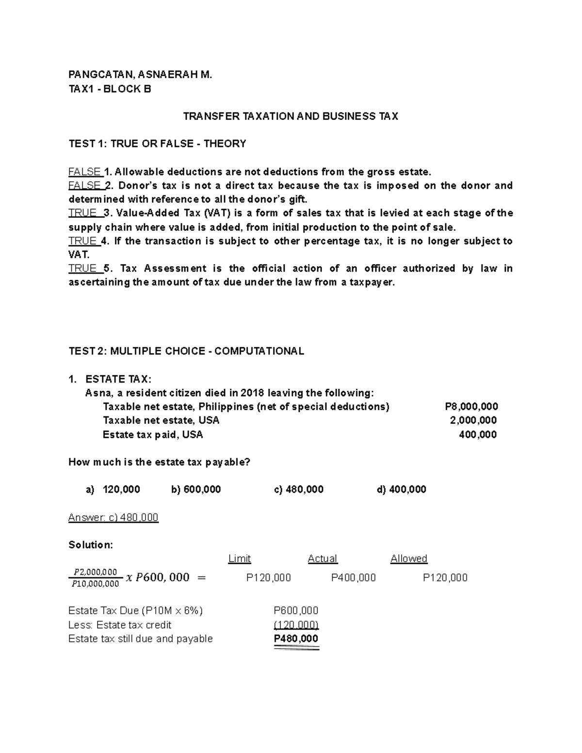 Tax Transfer Taxation and Business Tax Activity 1 - PANGCATAN, ASNAERAH ...