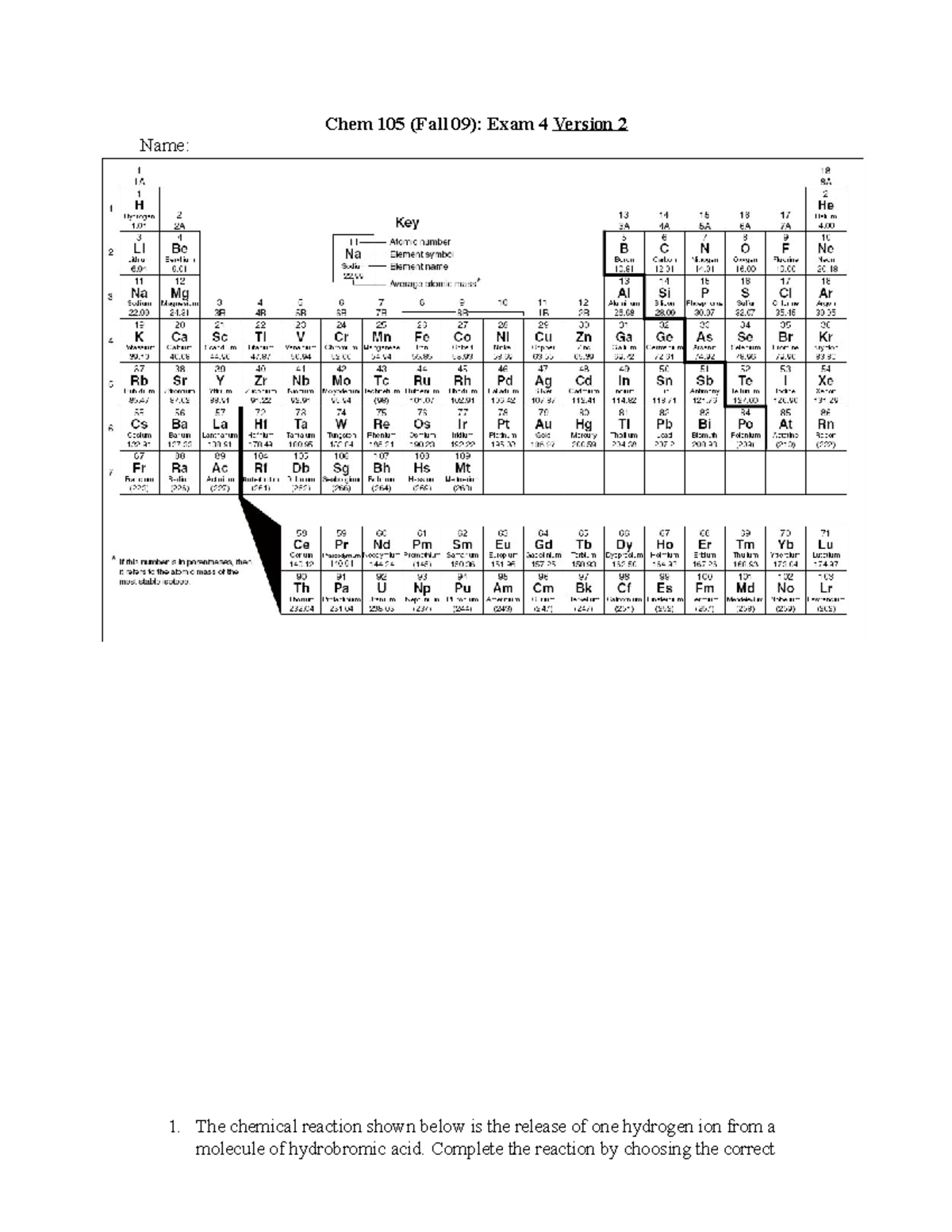 Introduction to Chemistry Exam 4 Practice part 2 - Chem 105 (Fall 09 ...