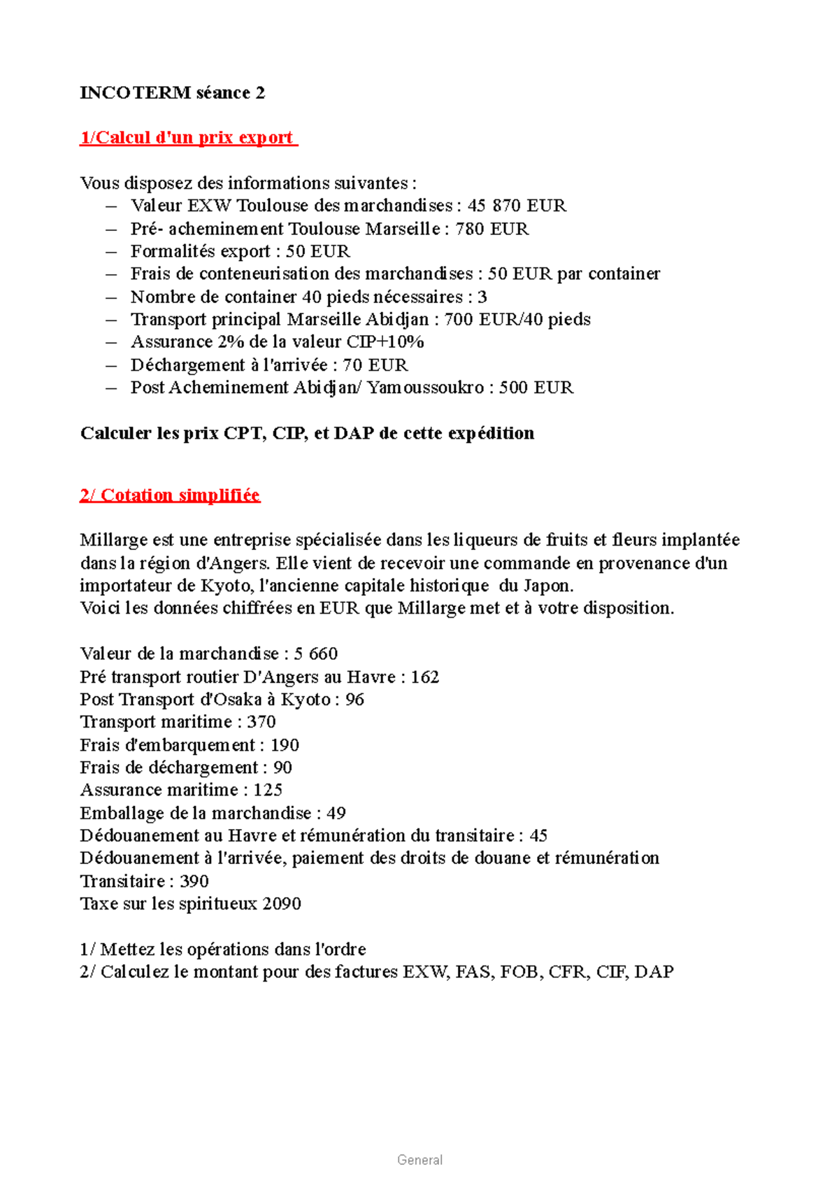 Exercices-incoterms-seance-2 - INCOTERM séance 2 1/Calcul d'un prix ...