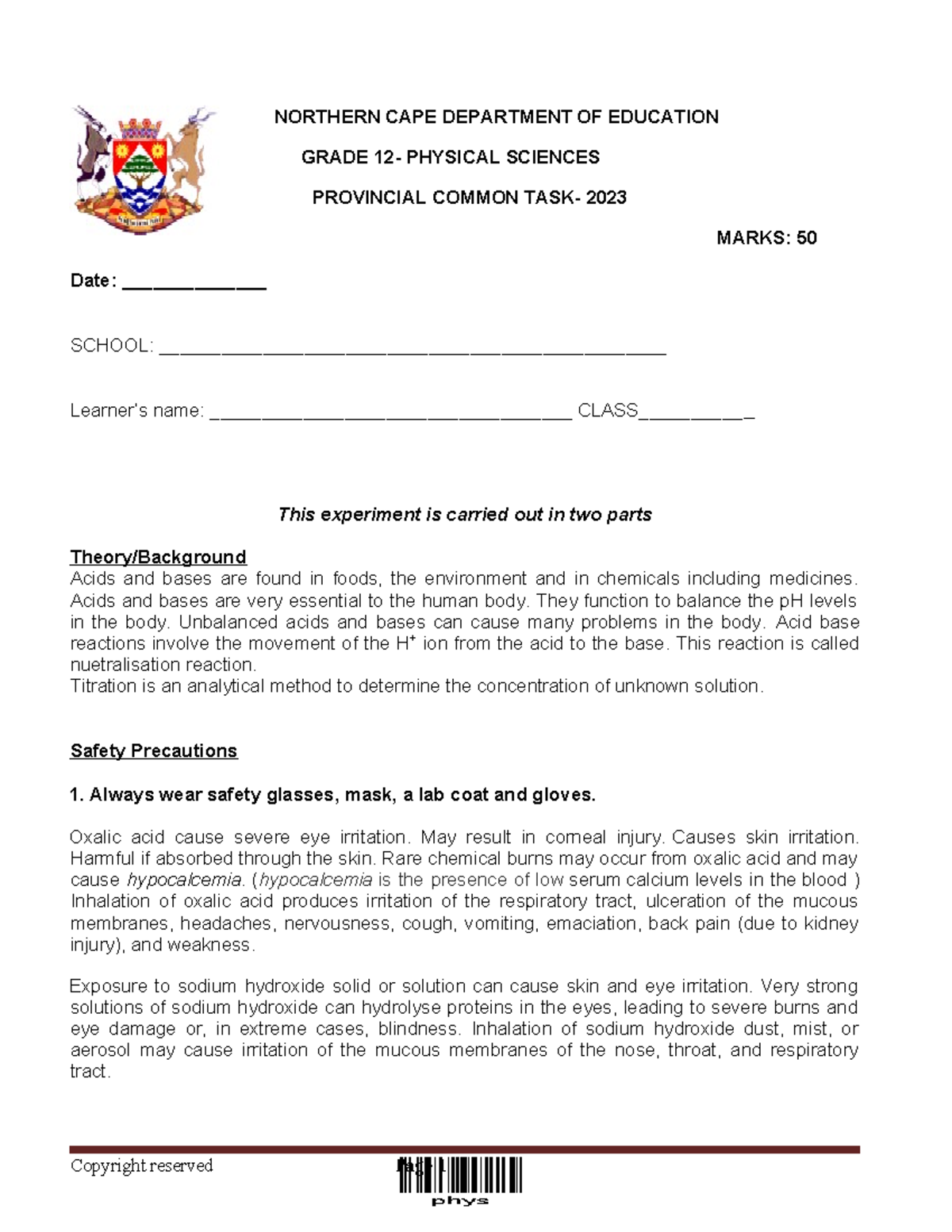 Titration 2023 - NORTHERN CAPE DEPARTMENT OF EDUCATION GRADE 12 ...