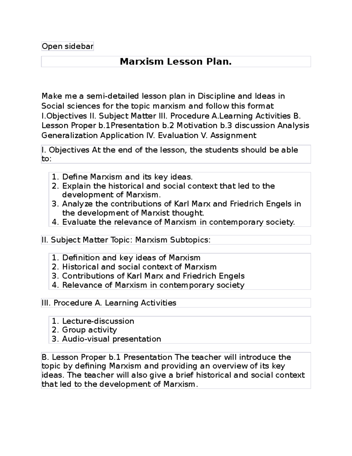 Marxism lesson plan - Open sidebar Marxism Lesson Plan. Make me a semi ...