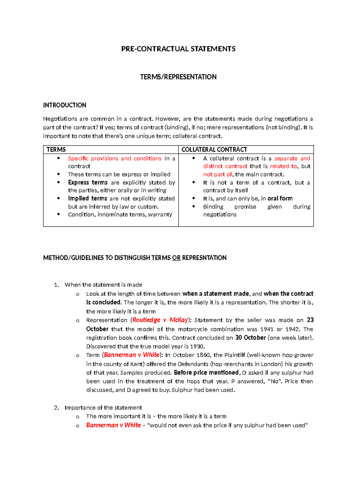 Pre-Contractual Statements - PRE-CONTRACTUAL STATEMENTS TERMS ...