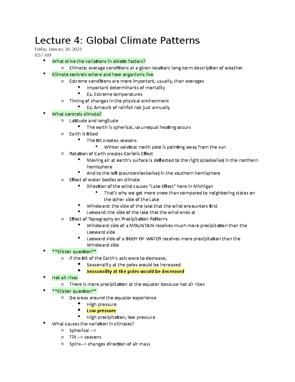 BIO 213- Lecture 4 - Lecture 4: Global Climate Patterns Friday, January ...