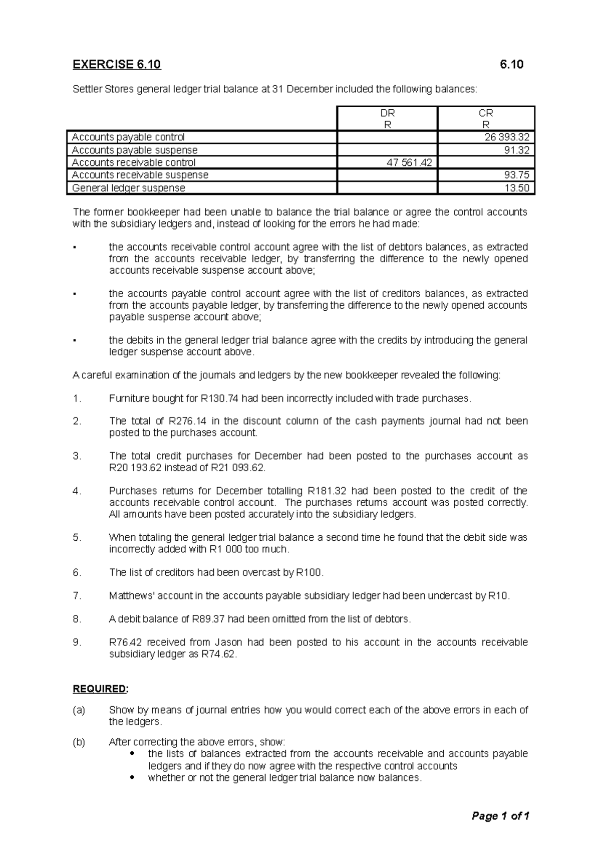 Exercise 6.10 (2022) - ..... - EXERCISE 6 6. Settler Stores general ledger trial balance at 31 ...