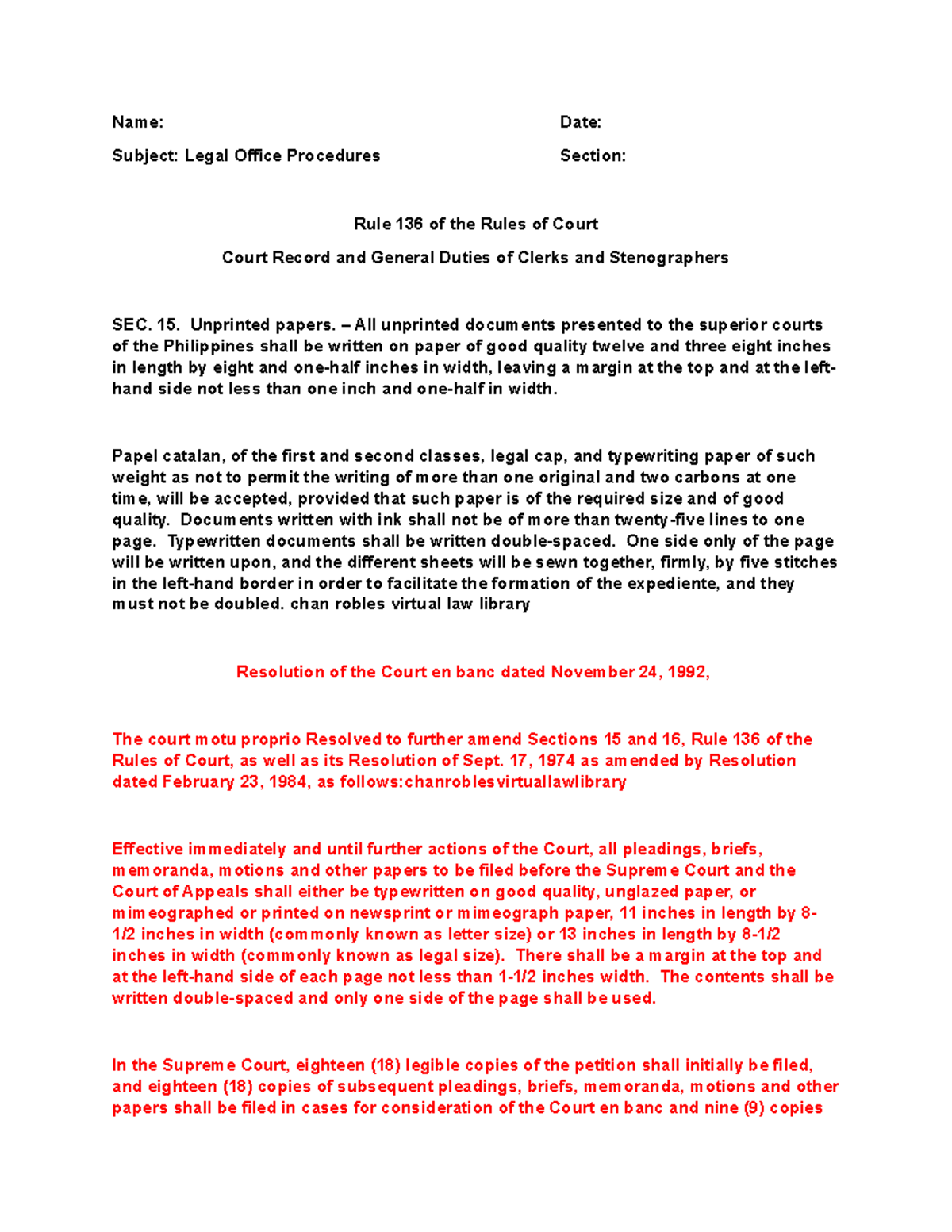 Rule 136 jhhgfdsghas asgfsd - Name: Date: Subject: Legal Office ...