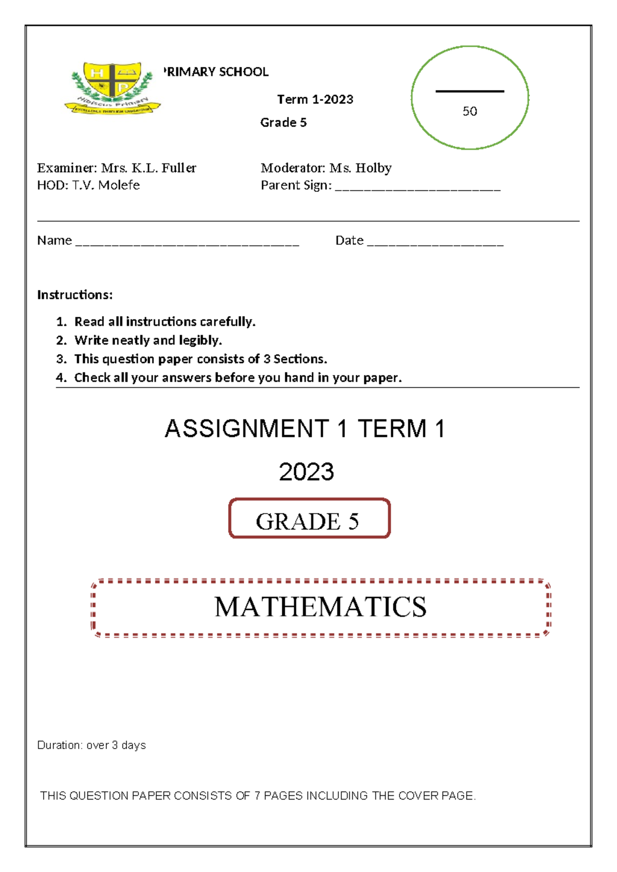 2023-Grade 5-Maths Assignment Term 1 - HIBISCUS PRIMARY SCHOOL Term 1 ...