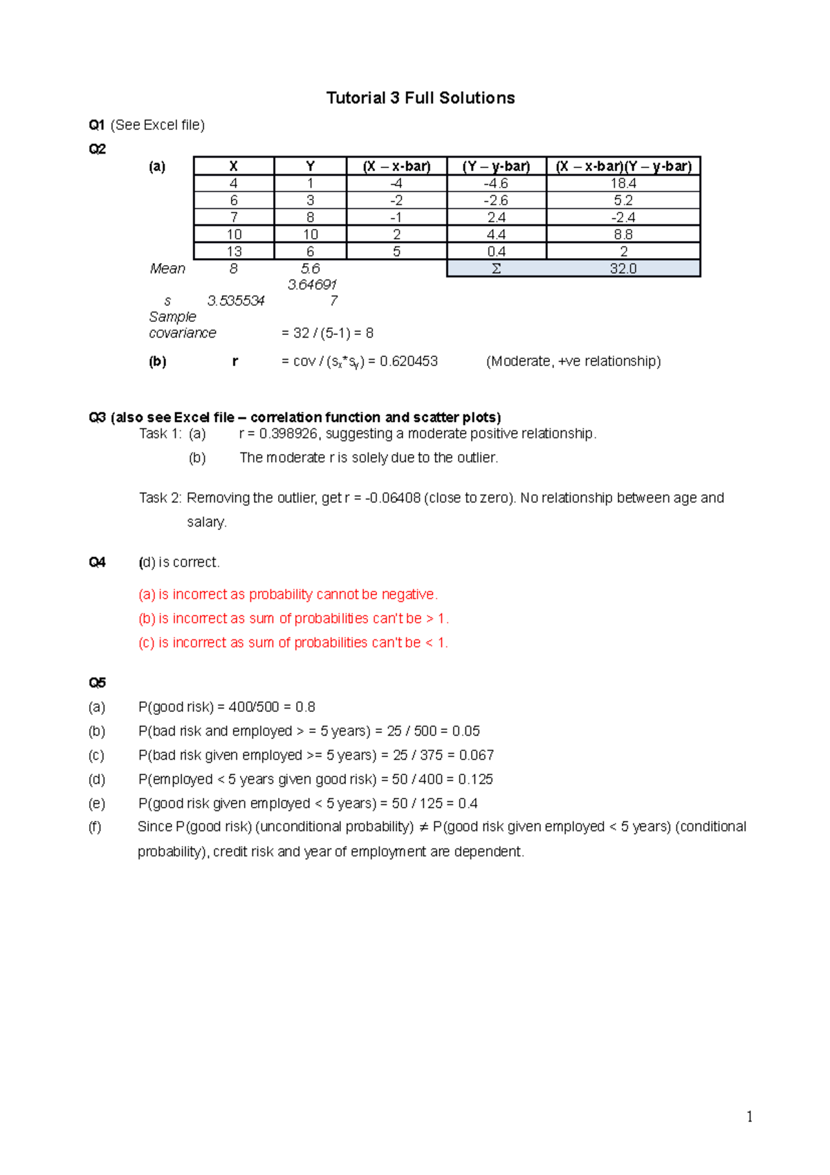 Tute 3 Full Solutions - Tutorial 3 Full Solutions Q1 (See Excel file) Q ...