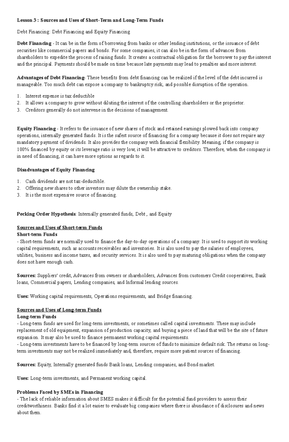 Bus Fin 2nd Grading Notes - Lesson 3 : Sources and Uses of Short-Term ...