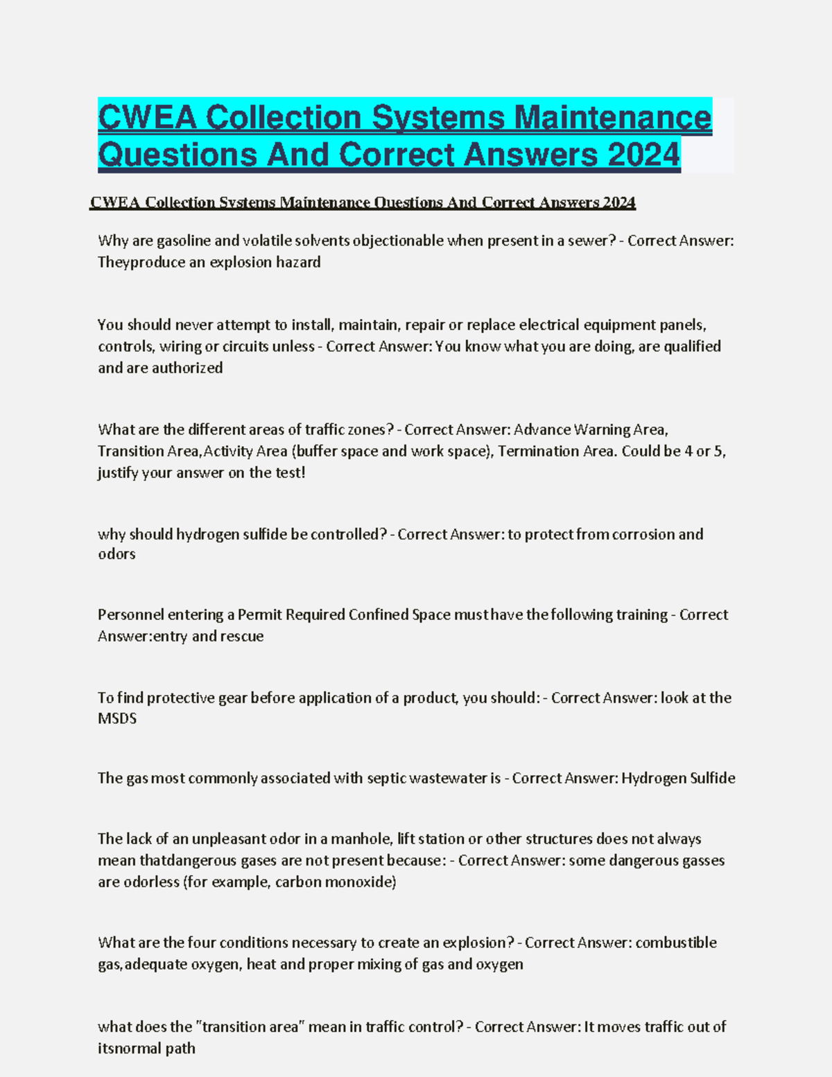 CWEA Collection Systems Maintenance Questions and Correct Answers ...