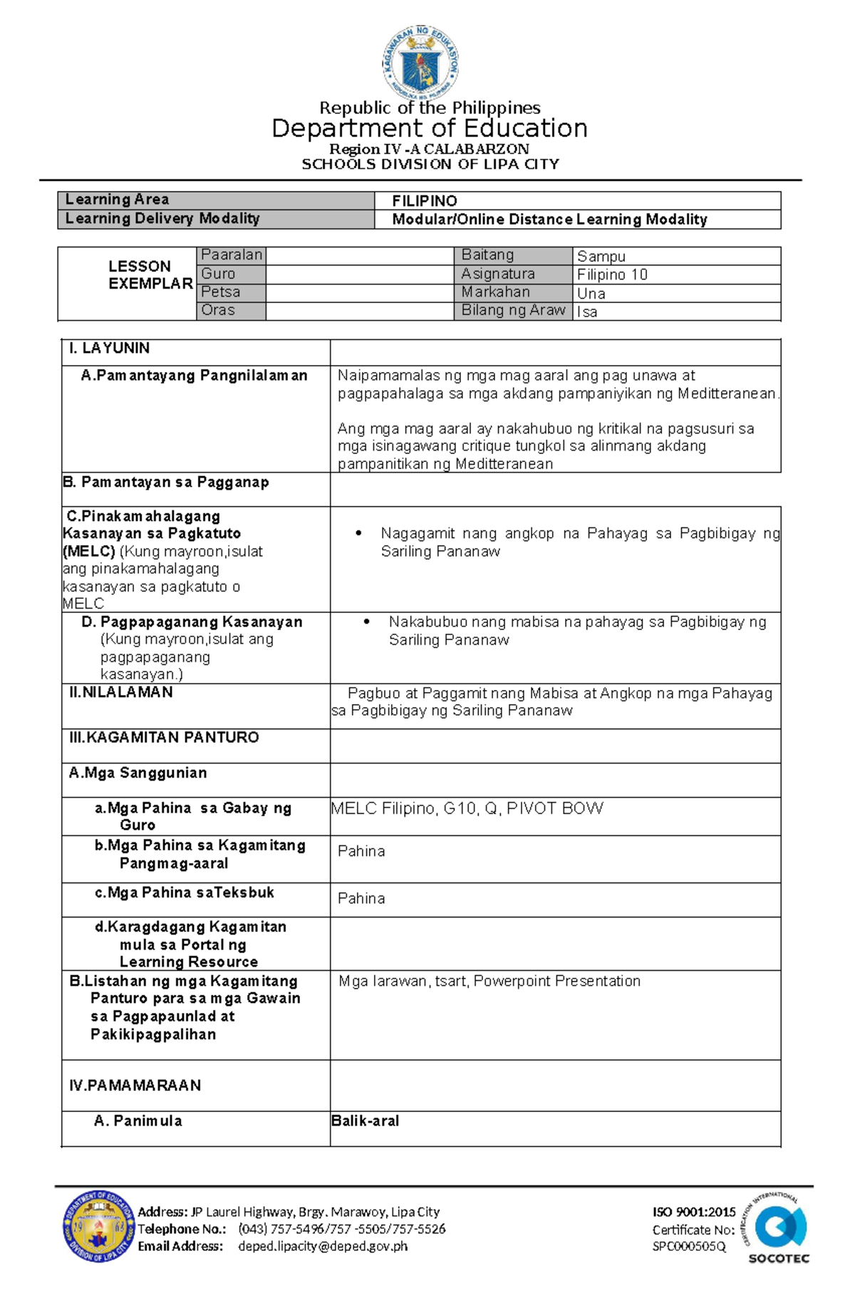481512982 MELC 16 Filipino 10 Lesson Exemplar 1 - Department of ...