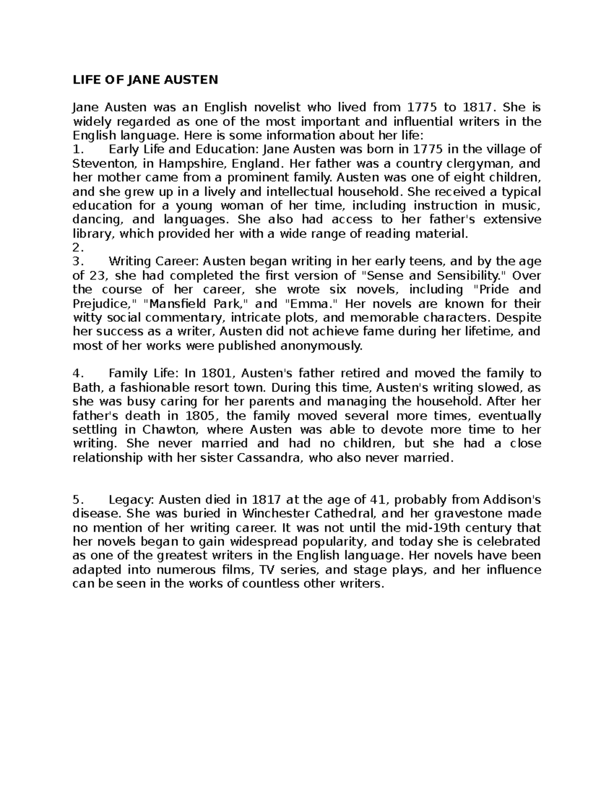 LIFE OF JANE Austen - ESSAY - LIFE OF JANE AUSTEN Jane Austen was an ...