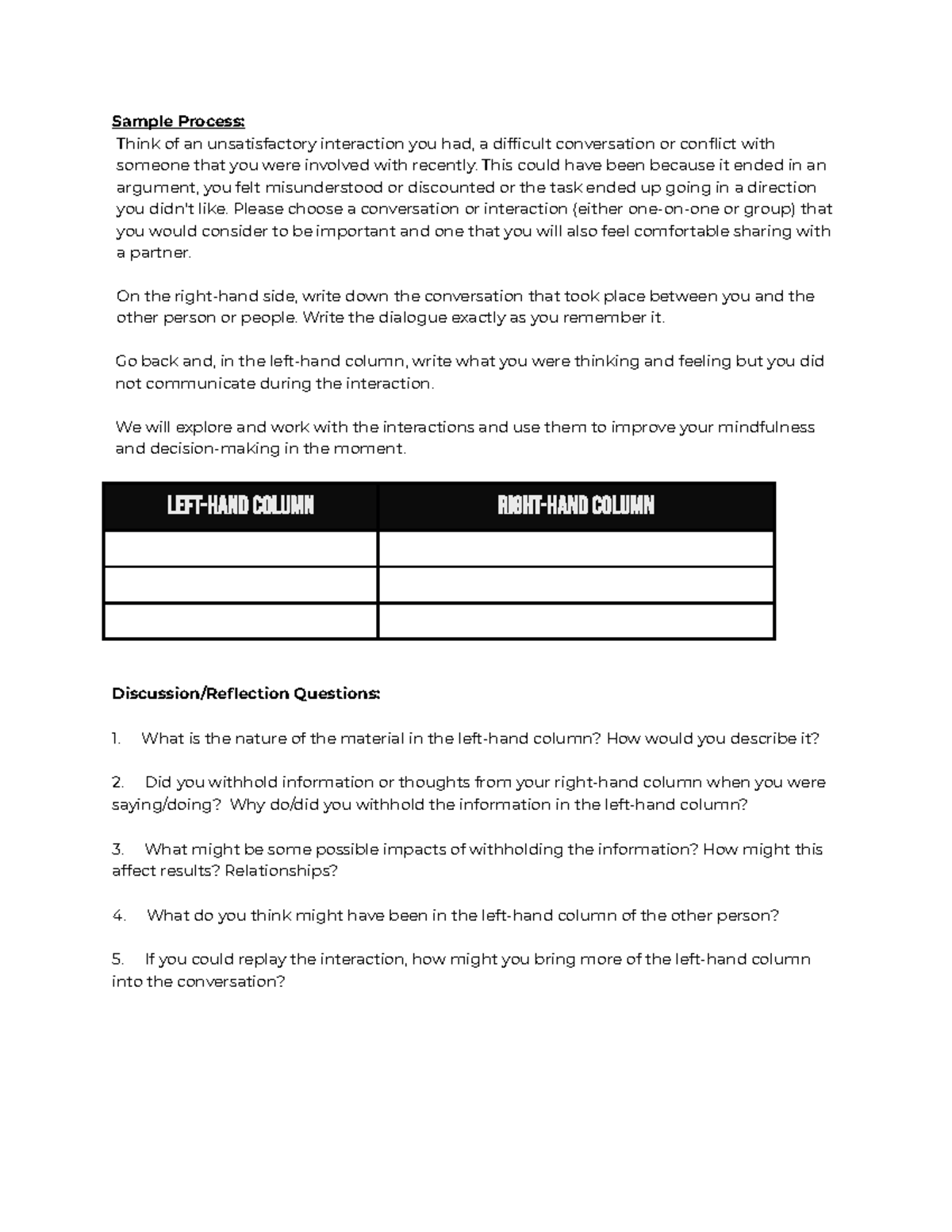 Copy of Left Hand Column Tool - Sample Process: Think of an ...
