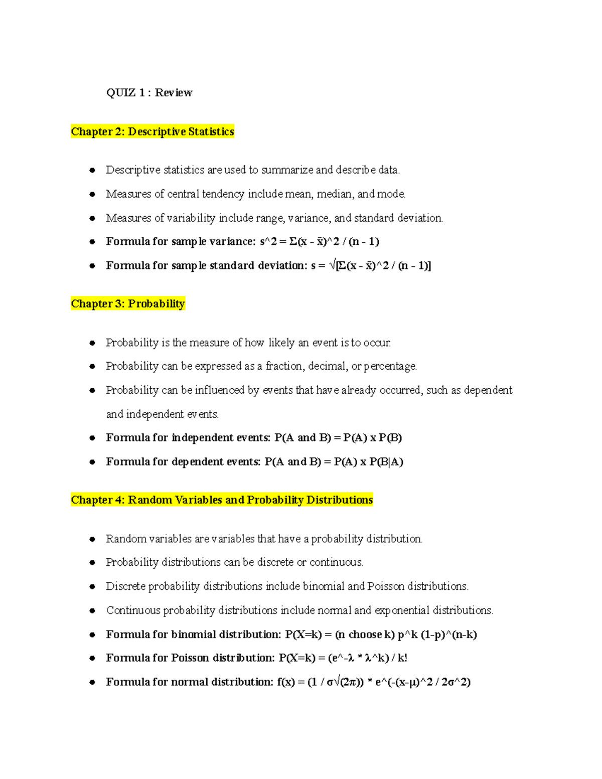 Stats quiz 1 review - QUIZ 1 : Review Chapter 2: Descriptive Statistics ...