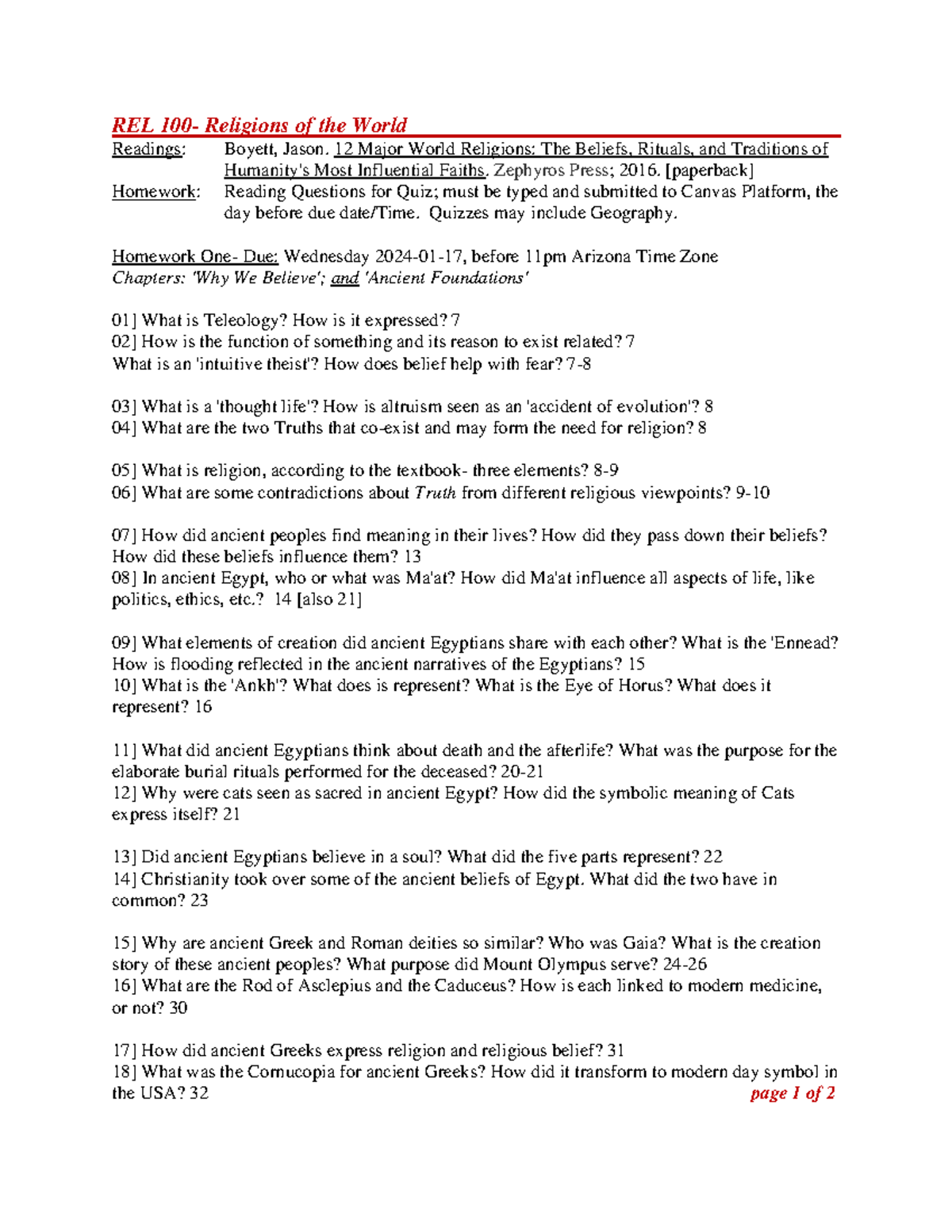 1] REL 100- Reading Homework One - REL 100- Religions of the World ...