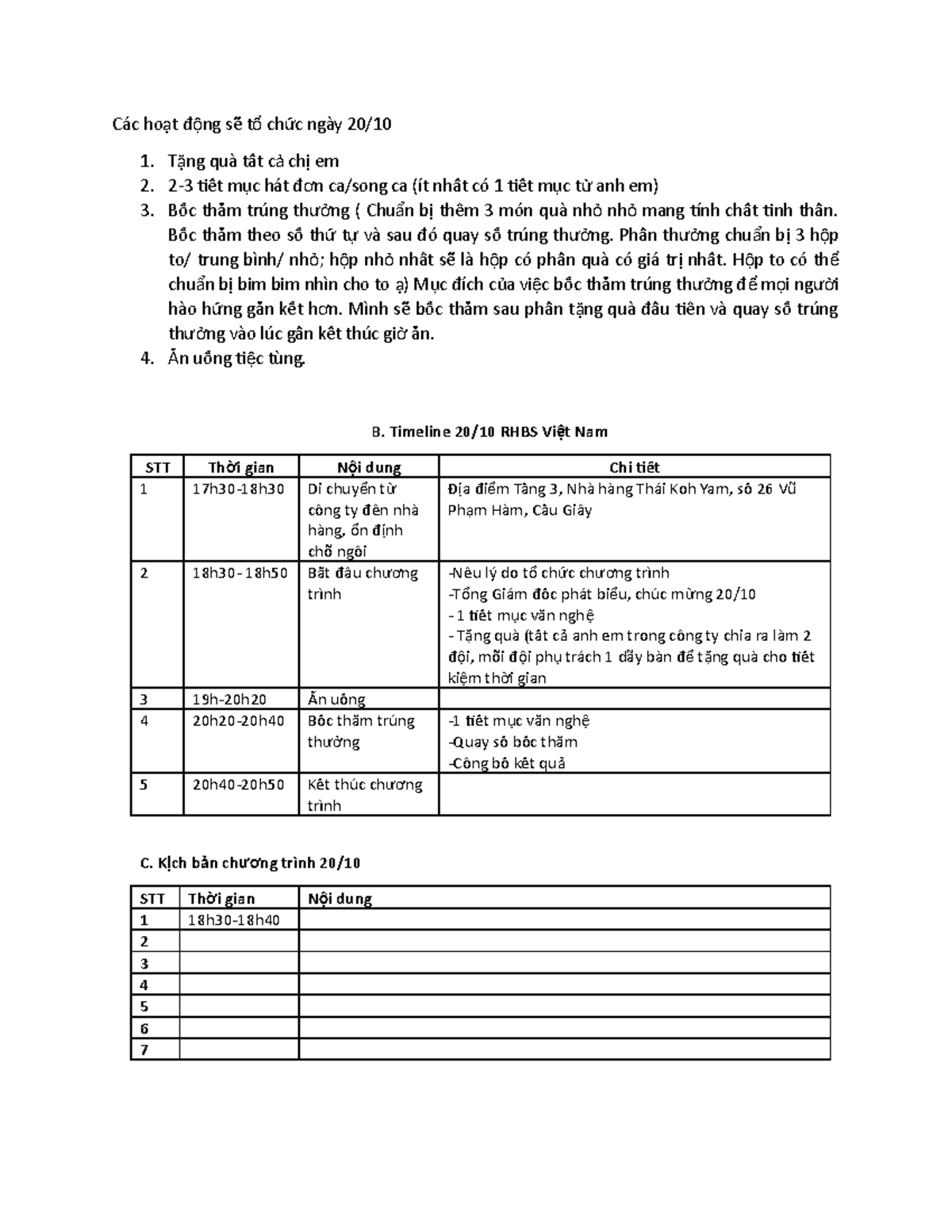 Các hoạt động sẽ tổ chức ngày 20 - Các ho t đ ng sẽẽ tạ ộ ổ ch c ngày 20/10ứ 1. T ng quà tấất cặ ...